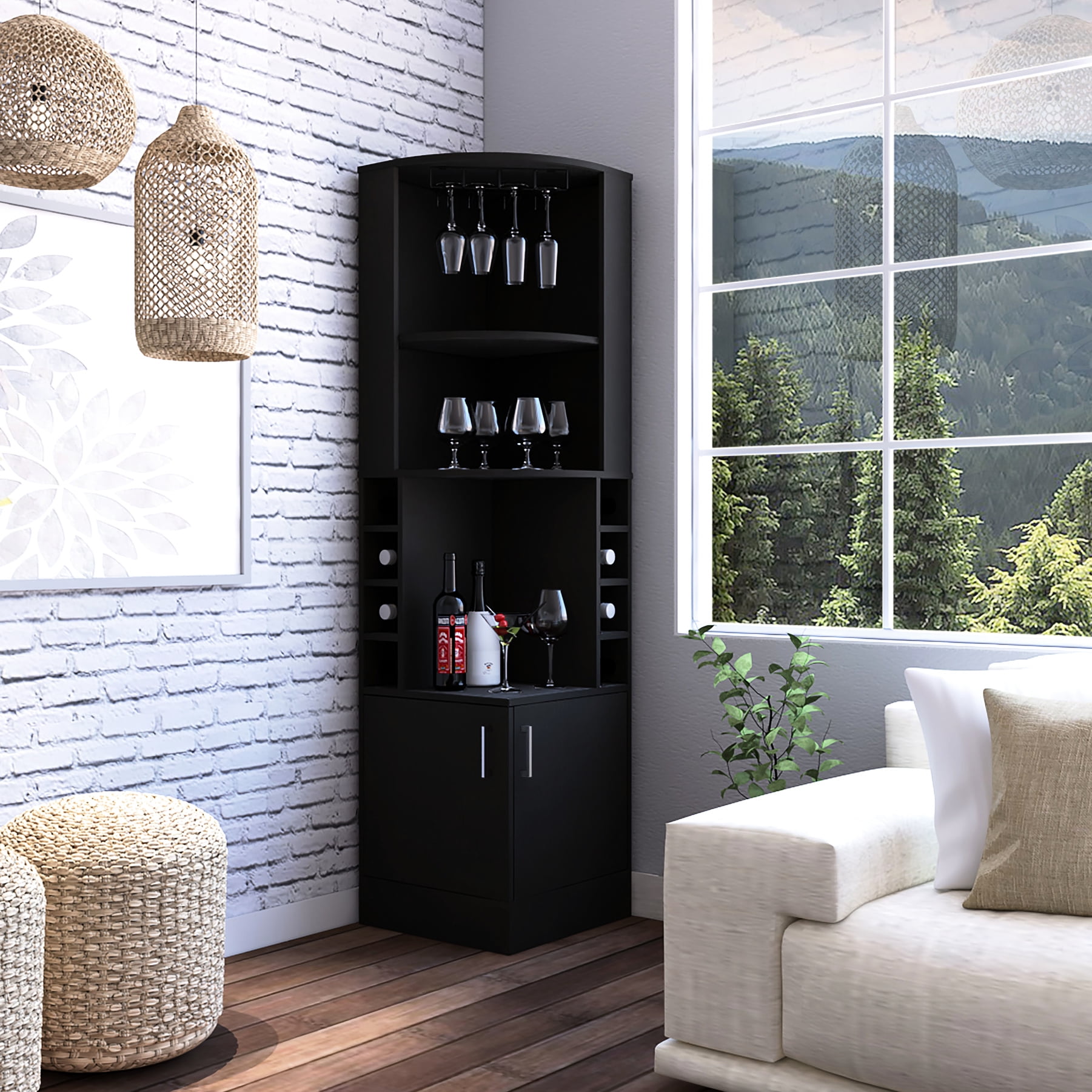 Bar Cabinet In Black With Glass Rack And Double Door, 8 Built-in Wine ...