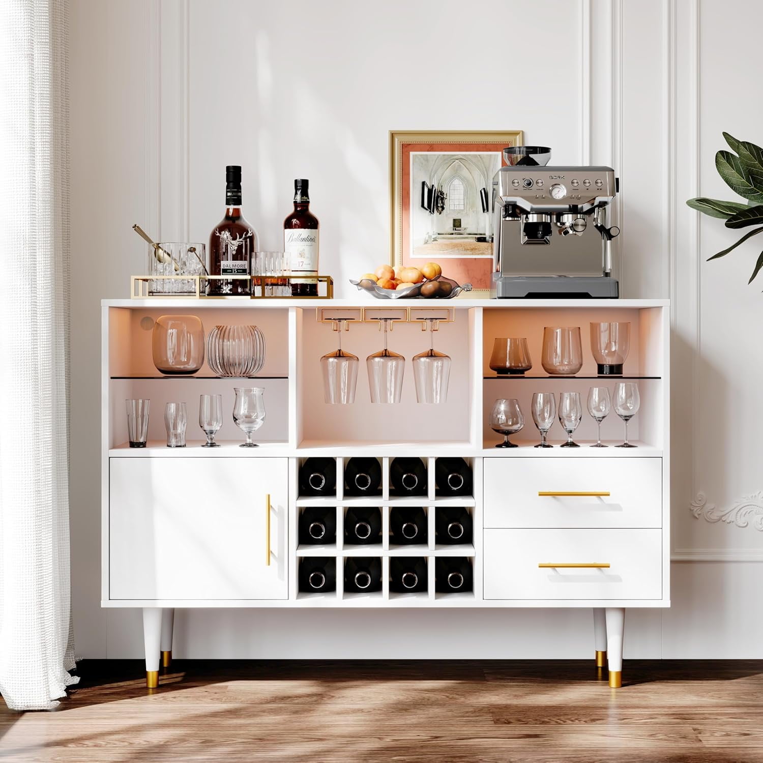 Bar Cabinet and Buffet Table - LED Light Charging Station, Sideboard ...