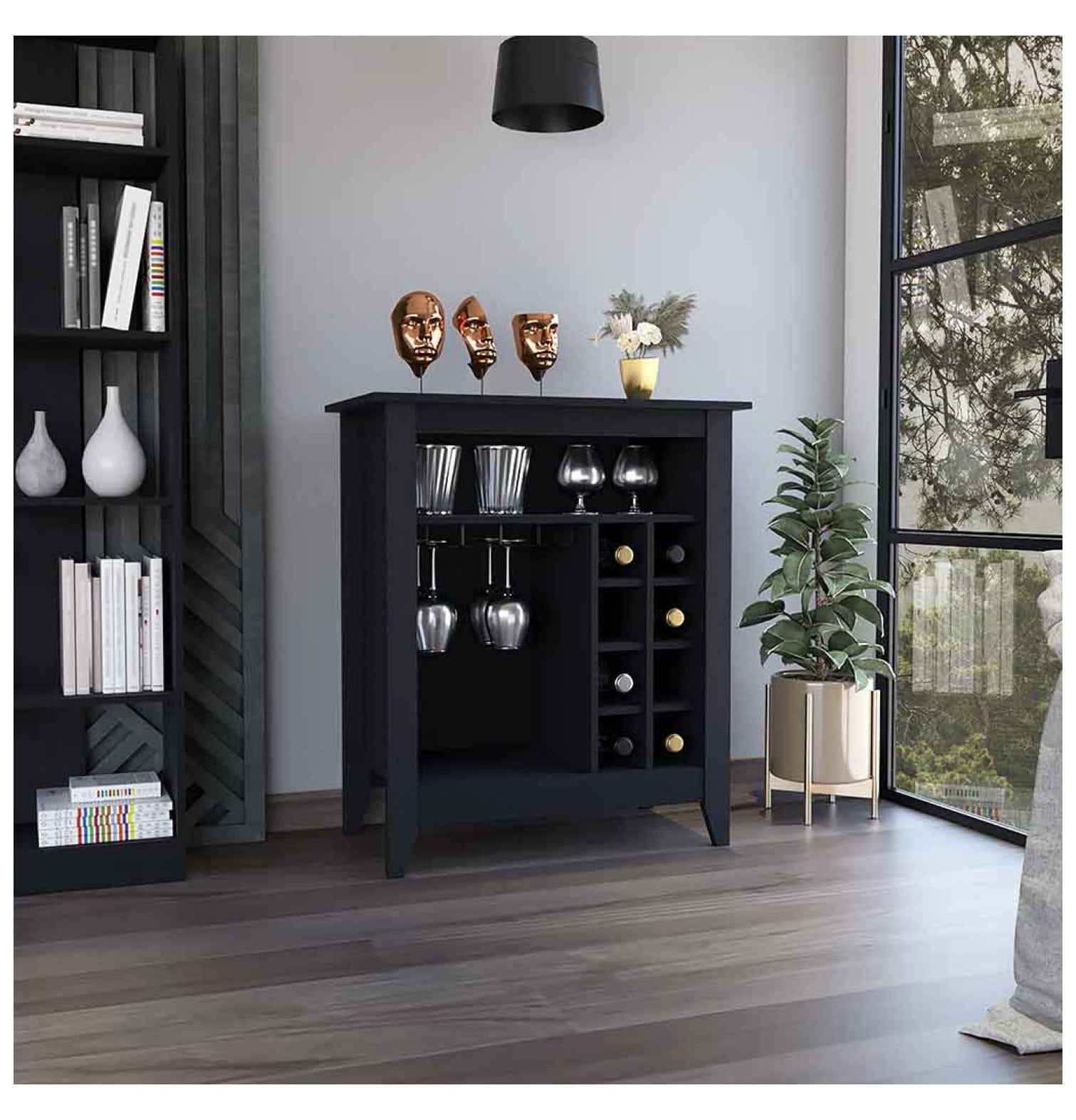 Bar Cabinet Castle, One Open Shelf, Six Wine Cubbies, Black Wengue ...