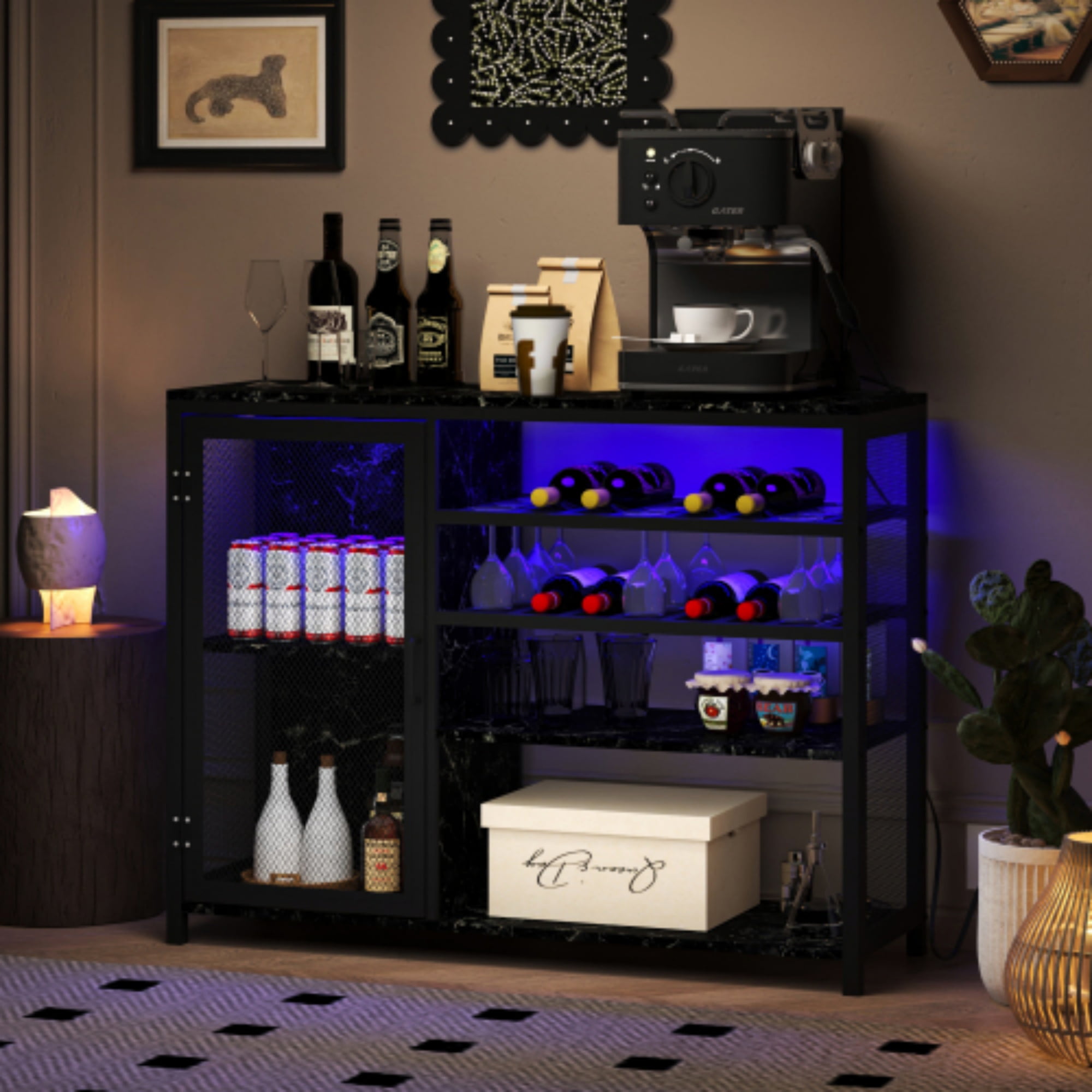 Bar Cabinet with LED Light, Wine Bar Cabinet with Wine Racks & Stemware ...