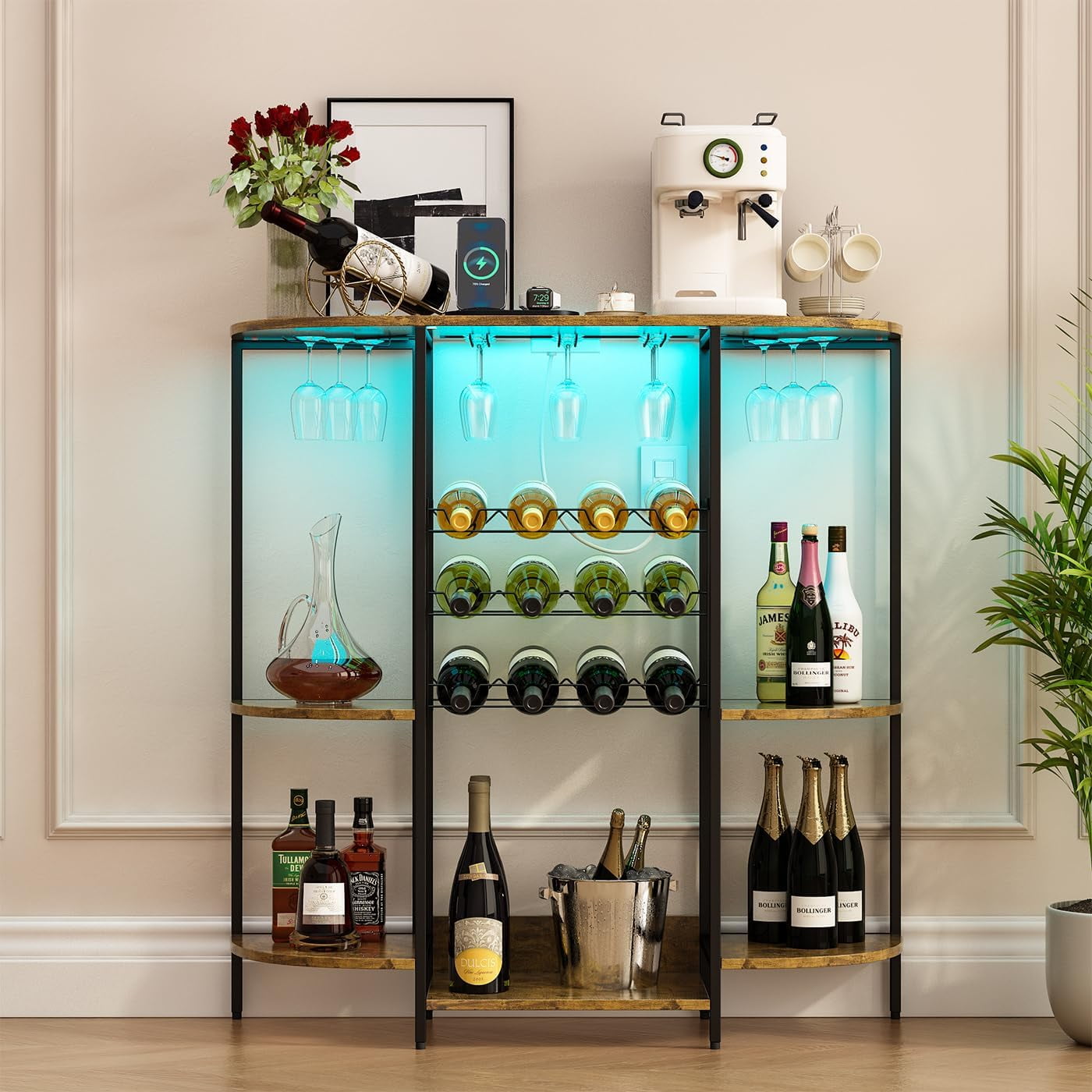 Bar Cabinet with LED Lights & Power Outlets, Freestanding Mini Bar for ...