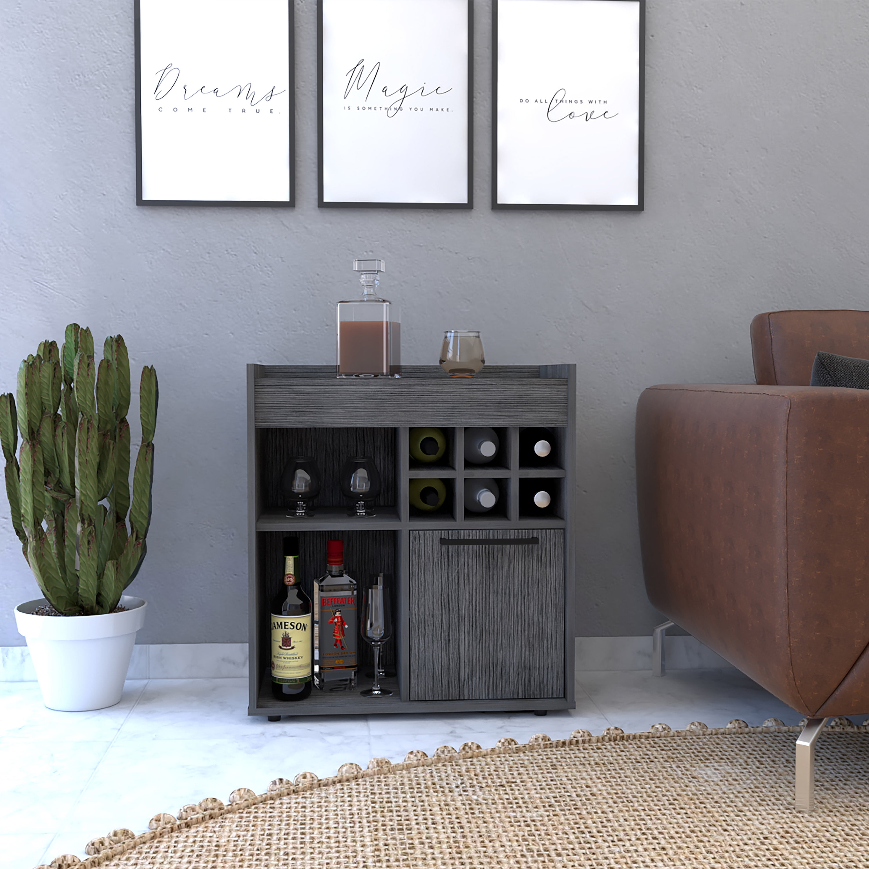 Bar Cabinet MMTX, Two Concealed Shelves, Six Wine Cubbies, Light Gray ...