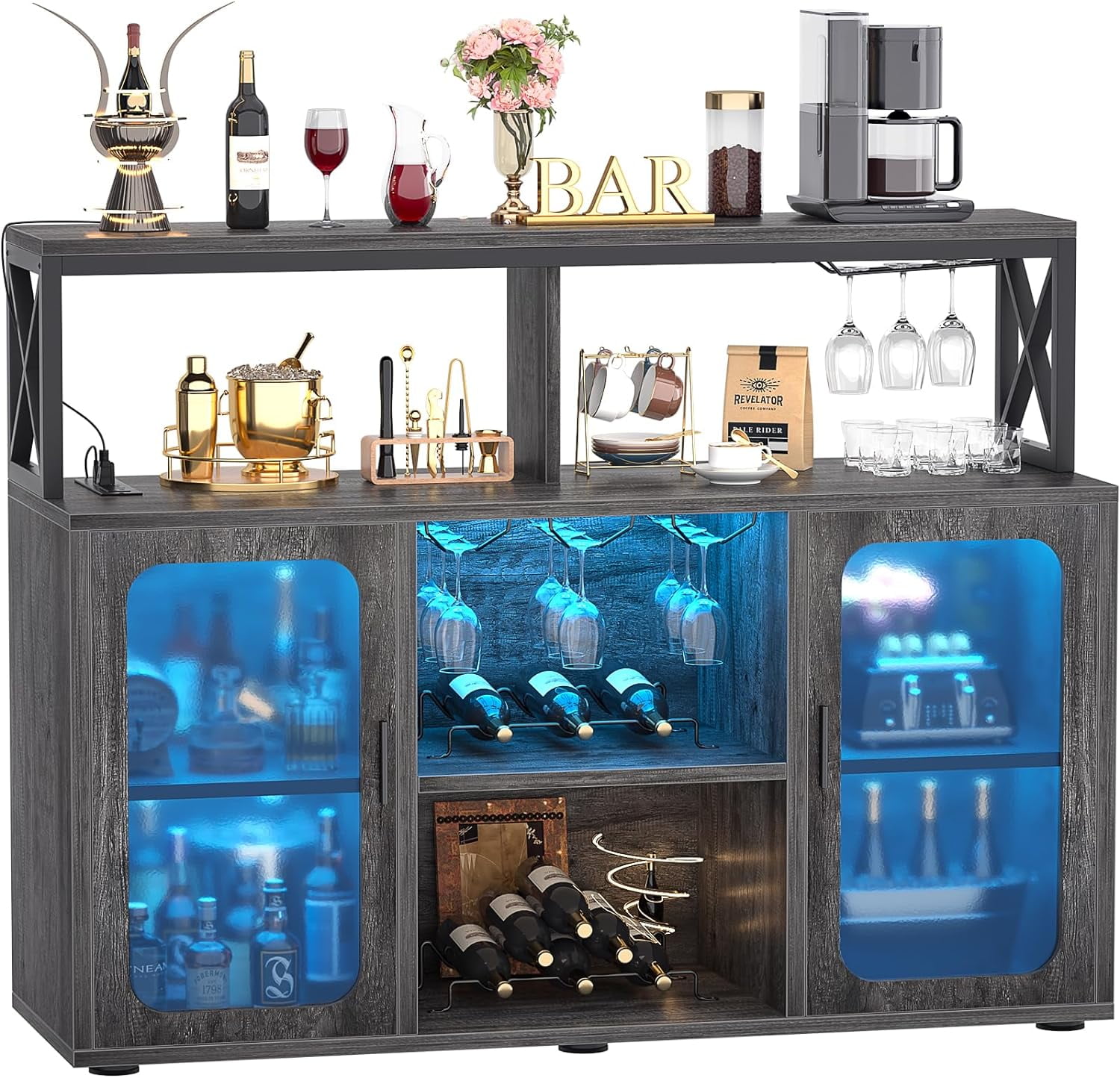 Bar Cabinet with Power Outlets Liquor Cabinet with Led Lights and Glass ...