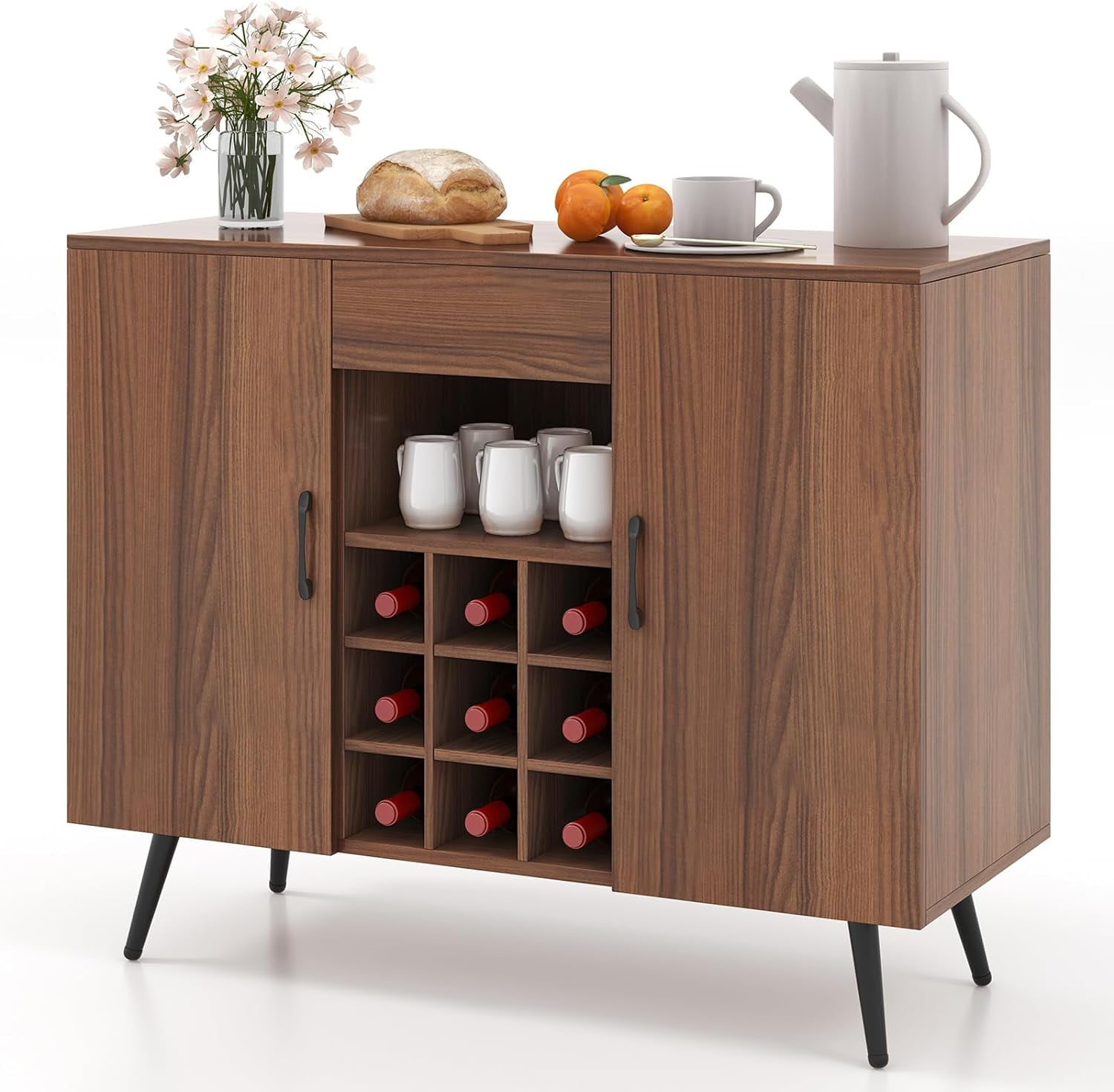 Bar Cabinet with Storage, Farmhouse Wood Buffet Sideboard, 9-Bottle ...