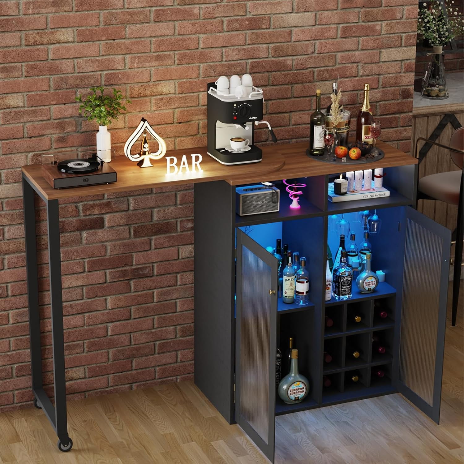 Bar Cabinet with Storage for Home, 360° Rotating Wine Cabinet, LED Bar ...