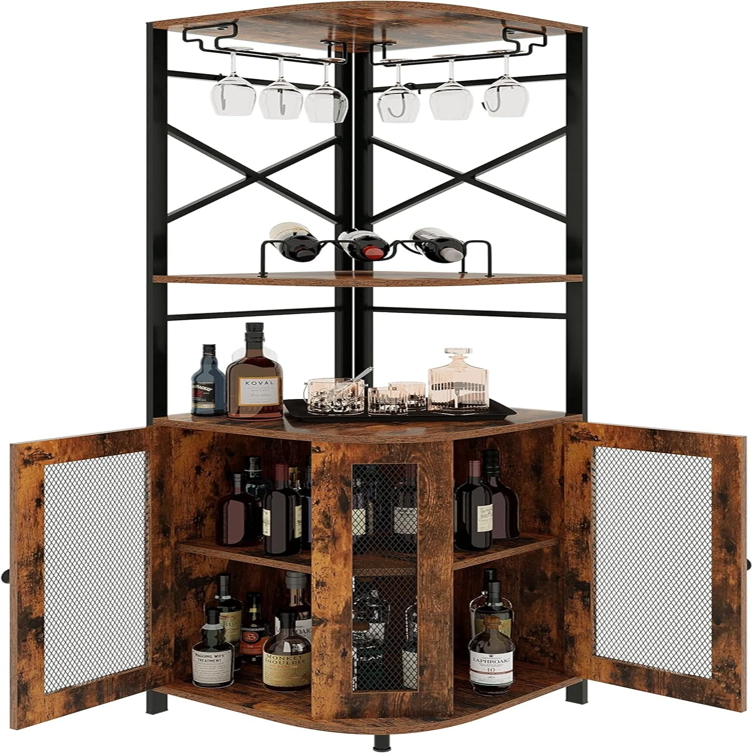 Bar Cabinet w/Wine Rack and Glass Holder Corner Cabinet with Mesh Door ...