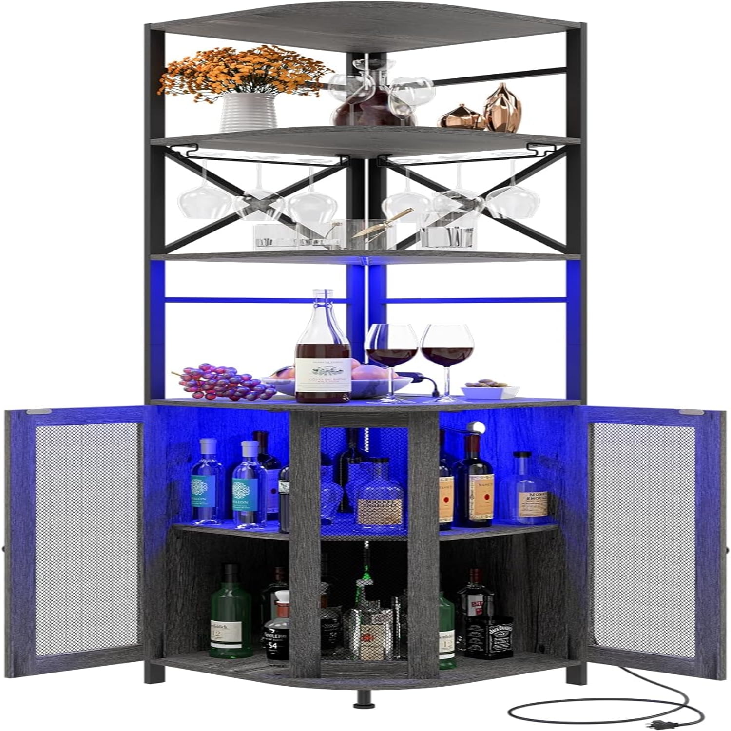 Bar Cabinet w/Wine Rack and Glass Holder Corner Cabinet with Mesh Door ...