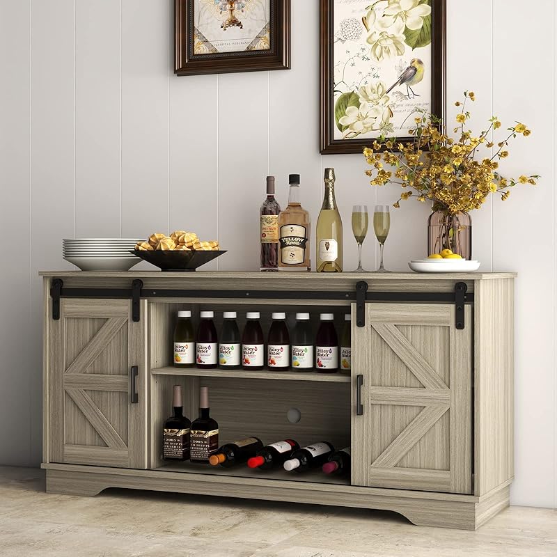 Bar Cabinet with Barn 2 Sliding Doors Buffet Farmhouse Storage Cabinet ...