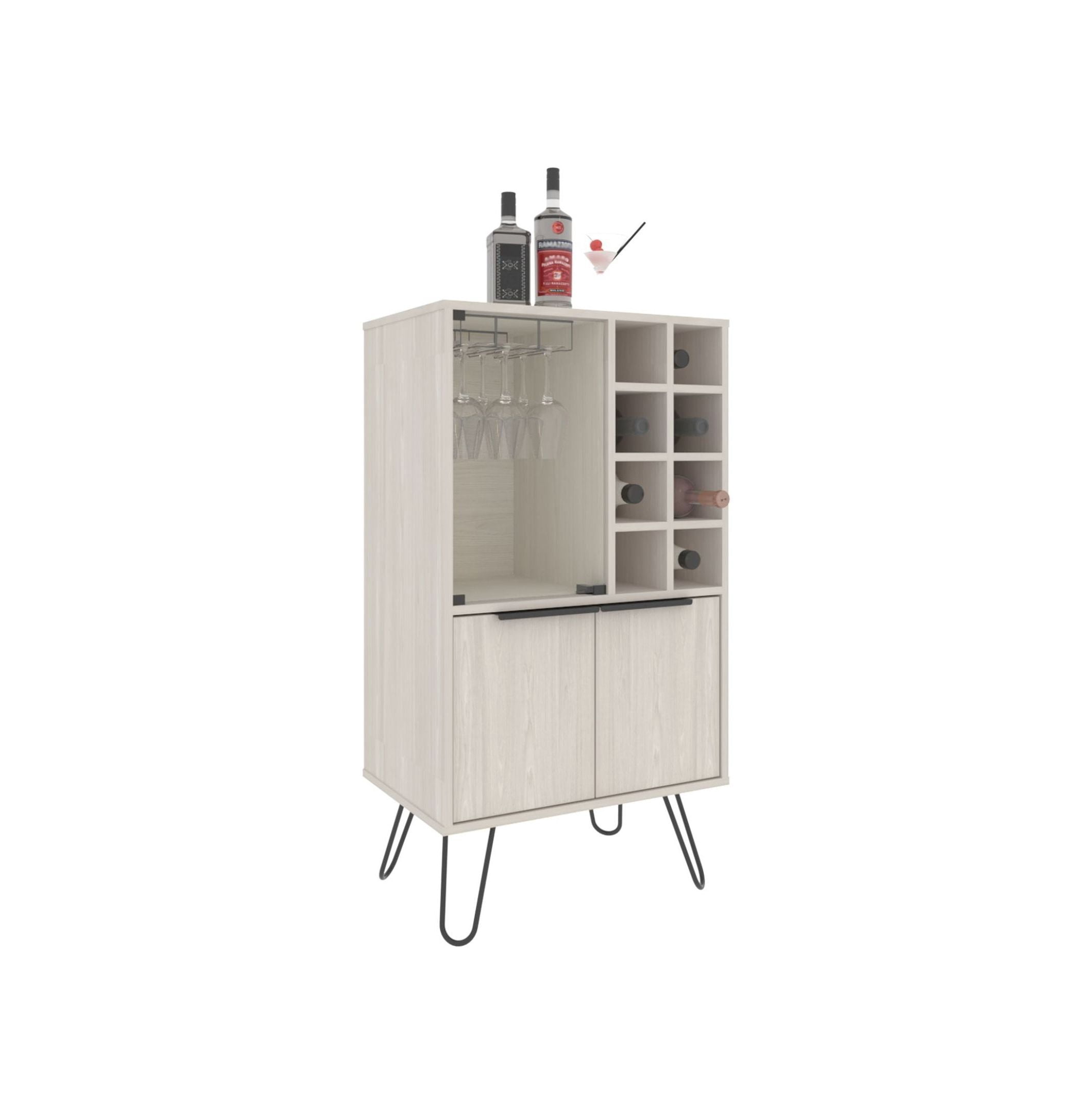 Bar Cabinet with Doors, 9 Shelves - Lutak White Washed Oak Home Bar ...