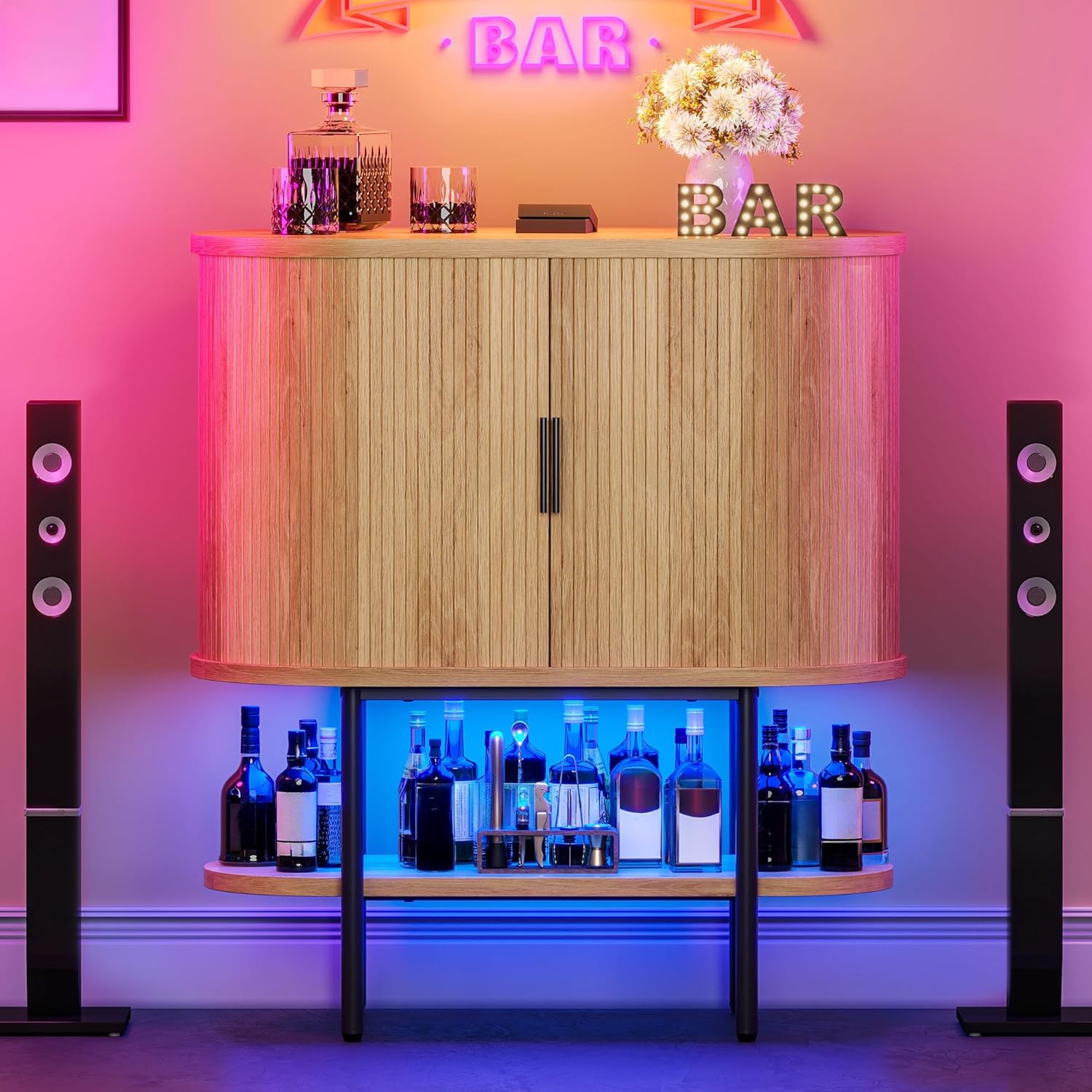 Oval-Shaped Bar Cabinet with LED Lights, 2 Glass Holders, 4 Wine Racks ...