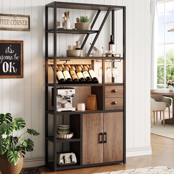 Bar Cabinet with LED Lights, Tall Coffee Bar Station with Power Outlets ...