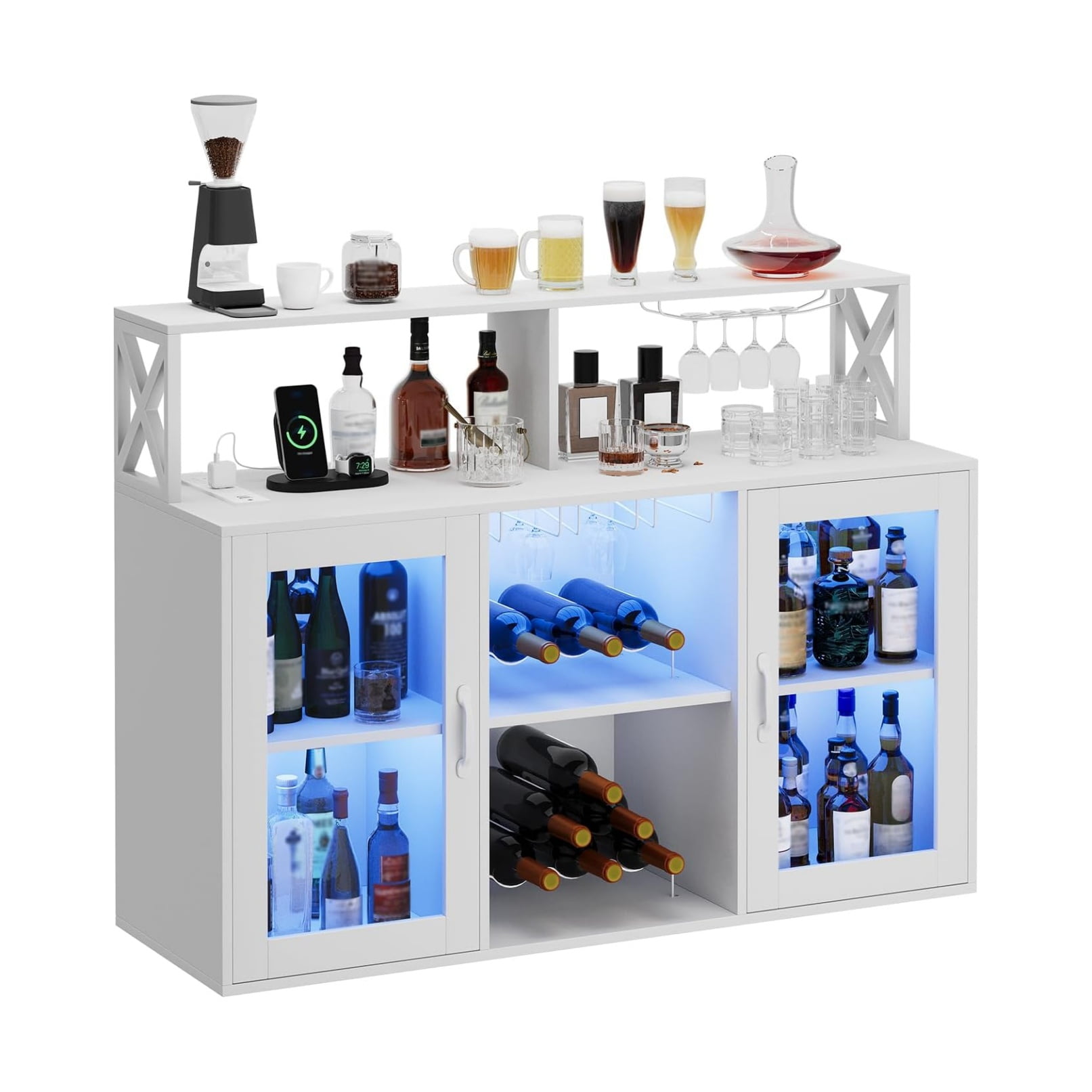 Bar Cabinet with Power Outlets, Home Coffee Bar Cabinet with LED Light ...
