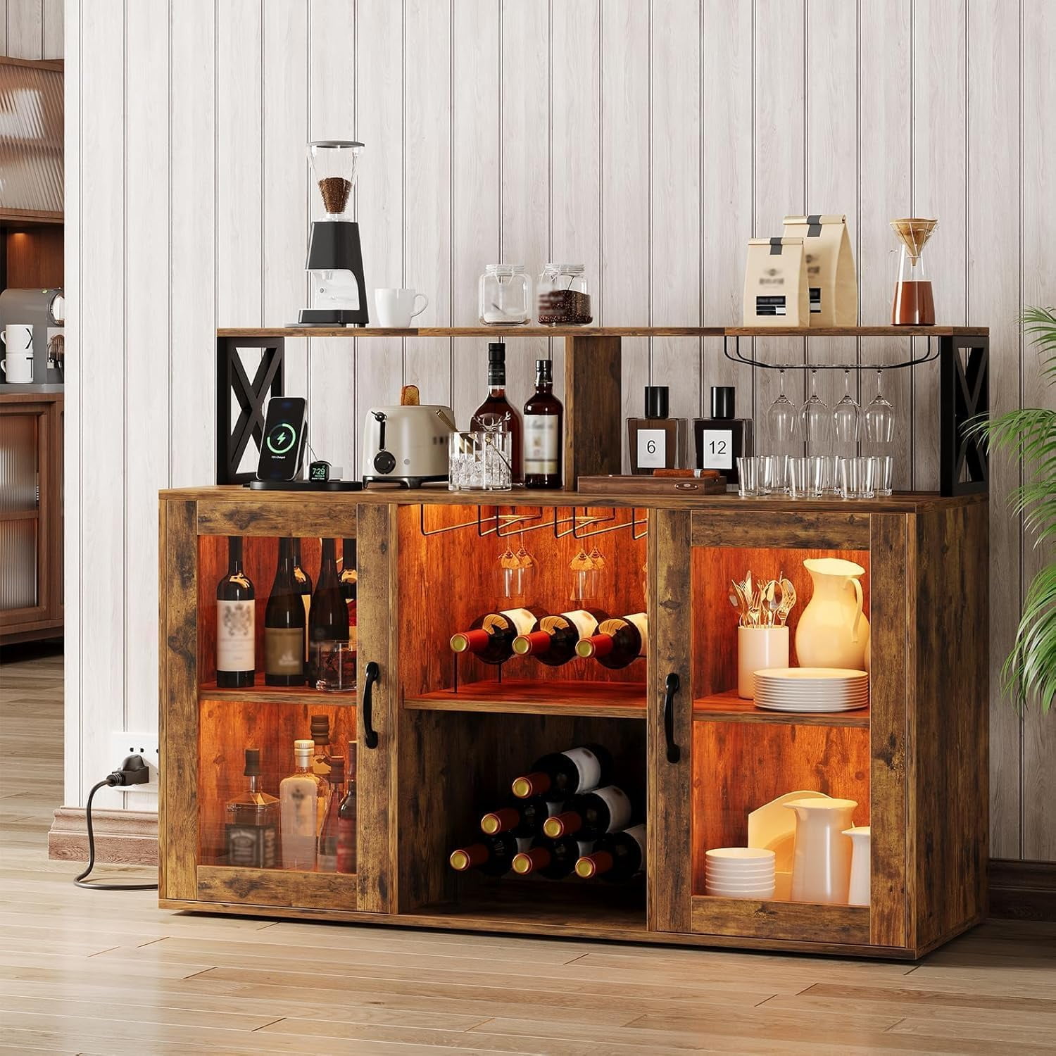 Bar Cabinet with RGB LED Lights & Power Outlets, Farmhouse Wine Storage ...
