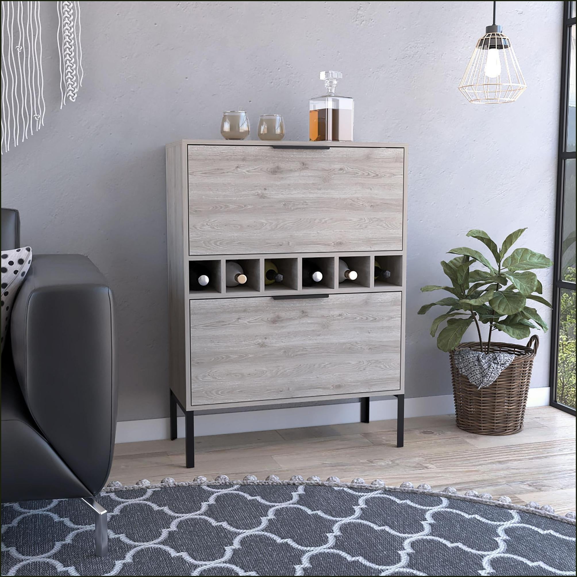 Bar Cabinet with Six Wine Cubbies, Double Door Storage | 34.3” Top ...