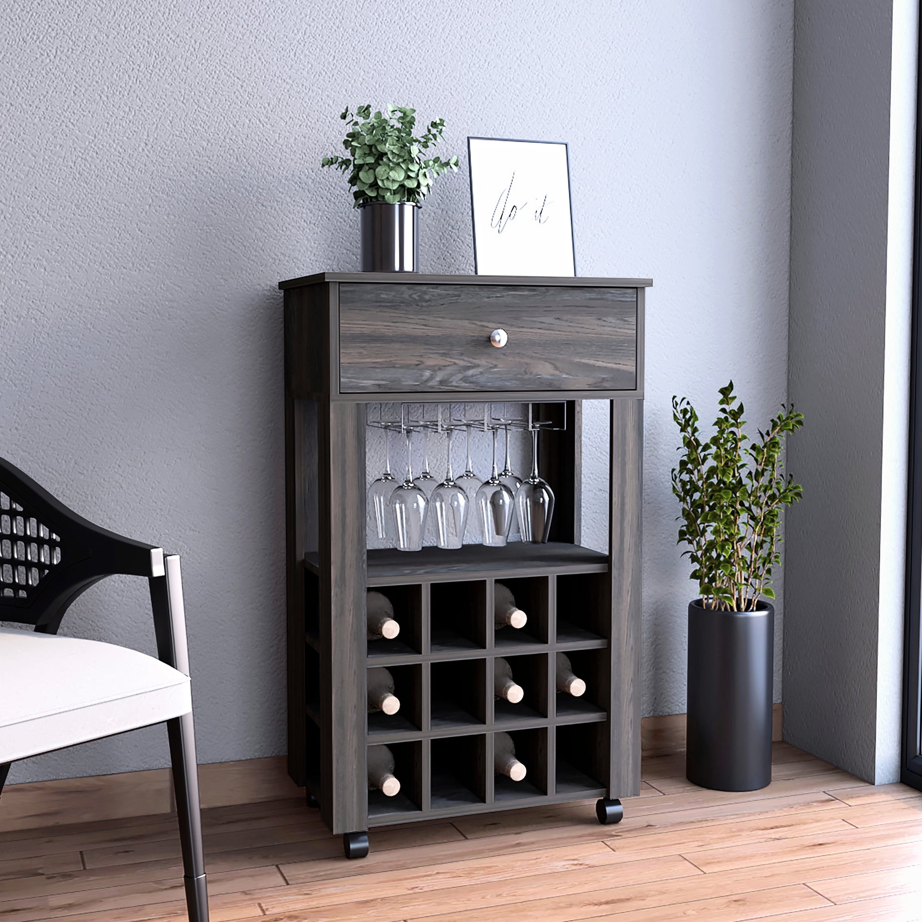 Bar Cart, 14.28 In. Deep, 12 Wine Rack Compartments, Carbon Cart With ...
