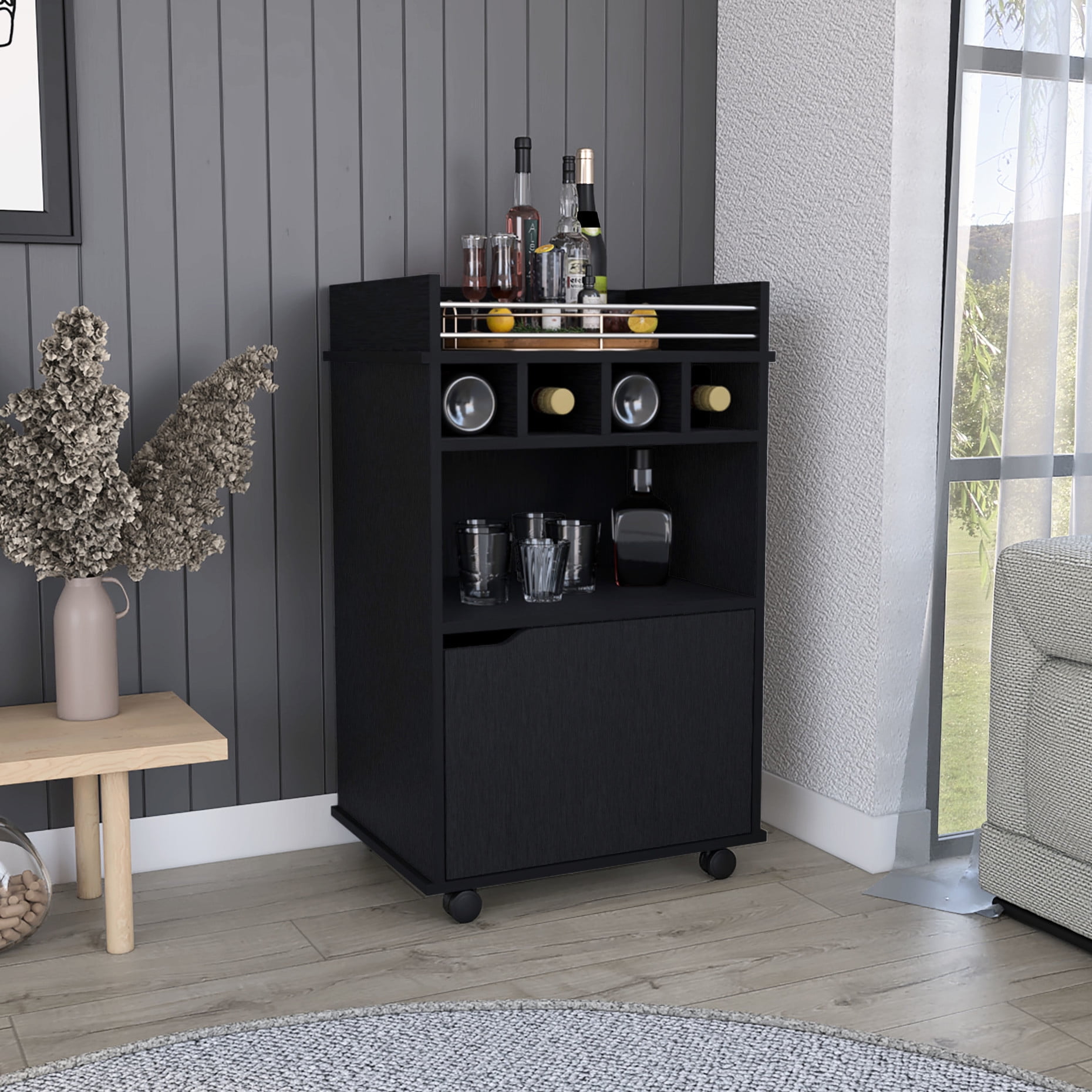 Bar Cart / 2 Open Shelves, 4 Cubbies, Cabinet, Black, Modern Style ...