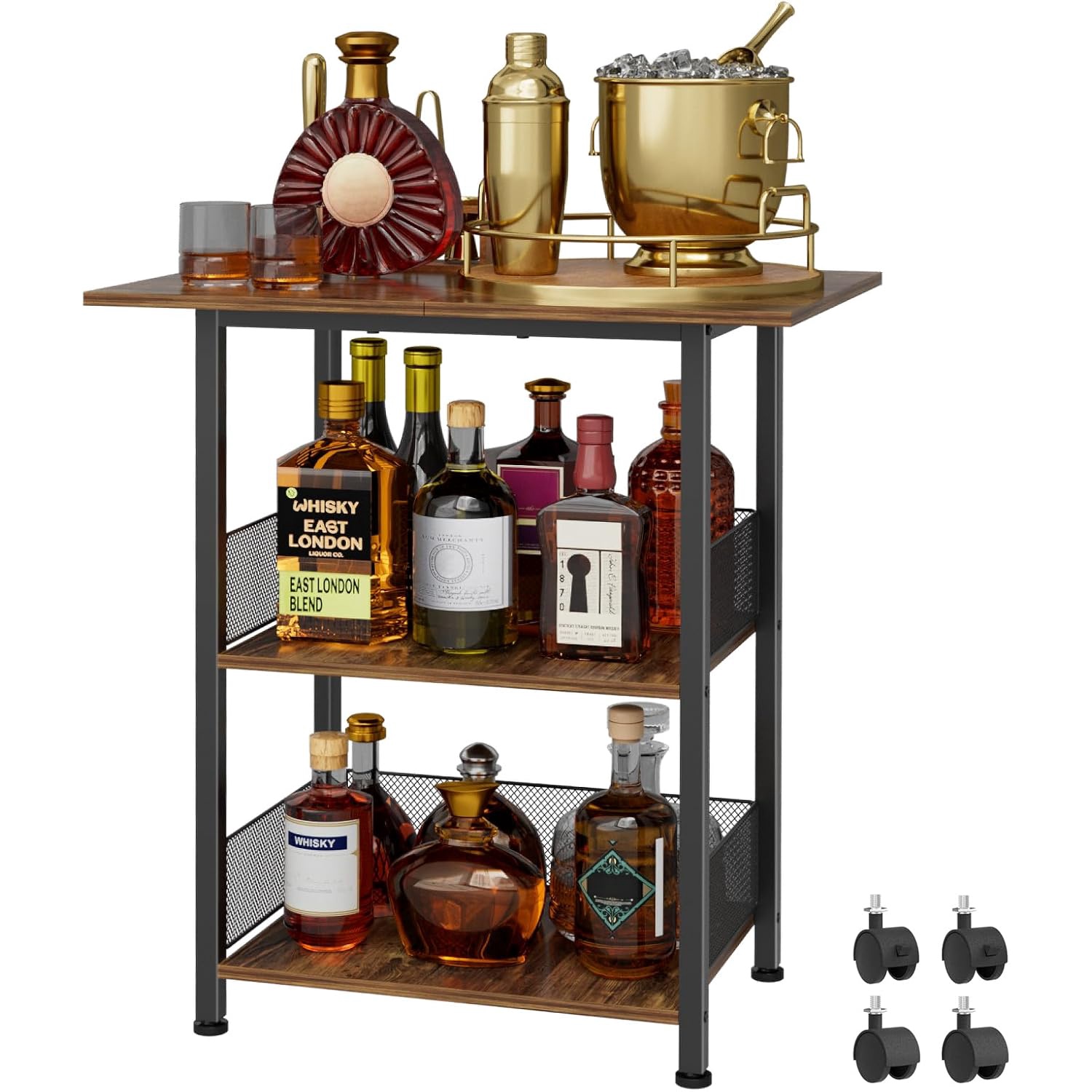 Bar Cart, 3-Tier Bar Cabinets Mini Bar Serving Cart Drink Cart Wine ...