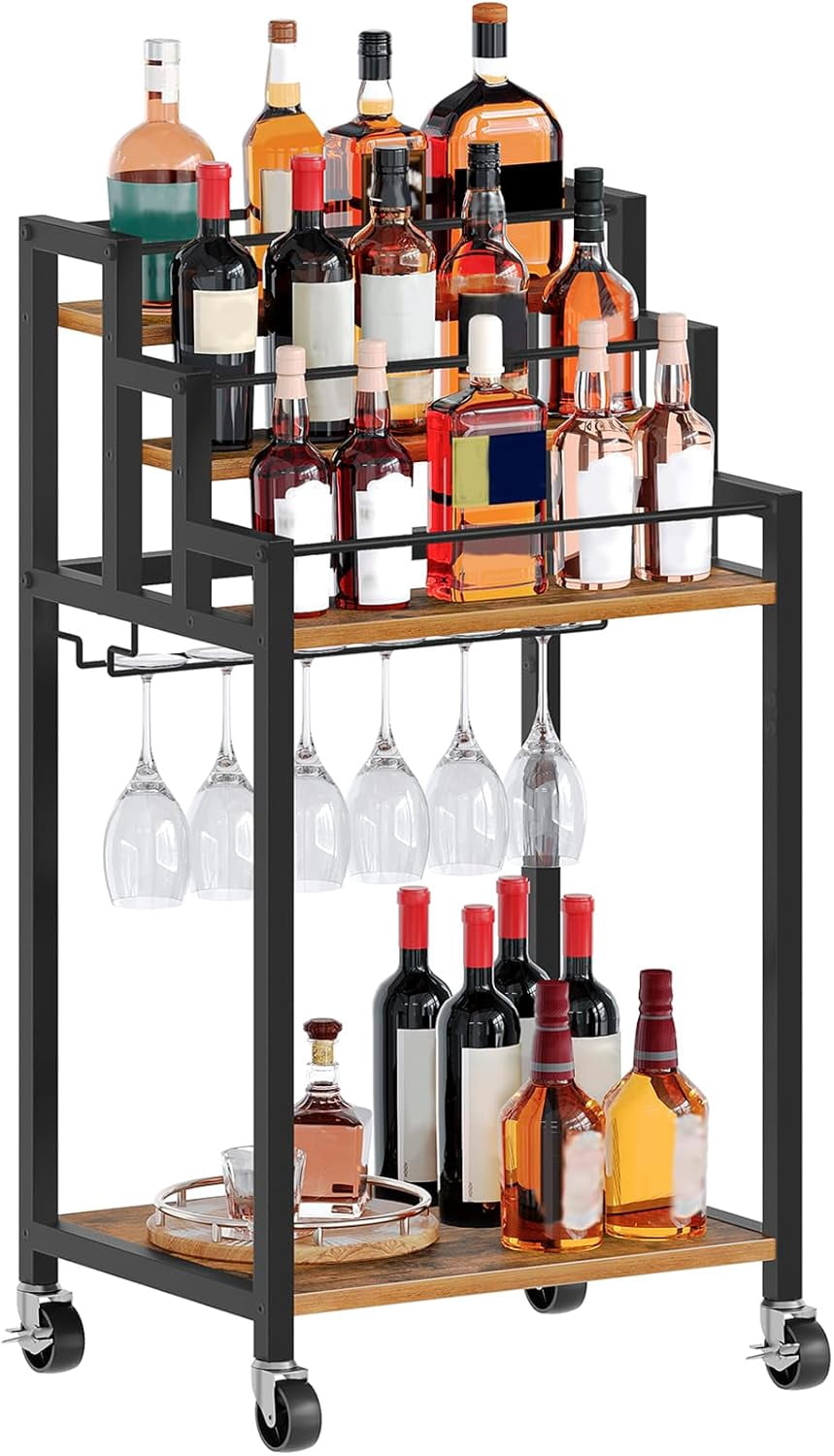 Bar Cart, 3 Tier Home Bar Serving Cart with Wine Rack, Small Bar Cart ...