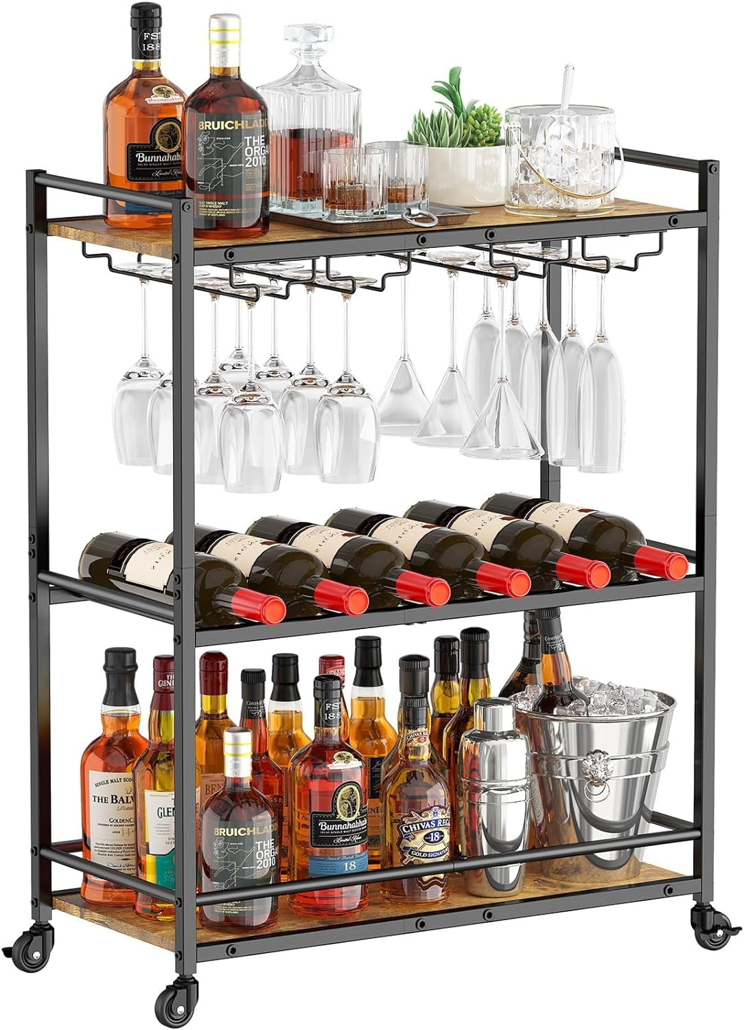 Bar Cart, 3 Tier Serving Home Bar with Lockable Wheels, Wine Rack and ...