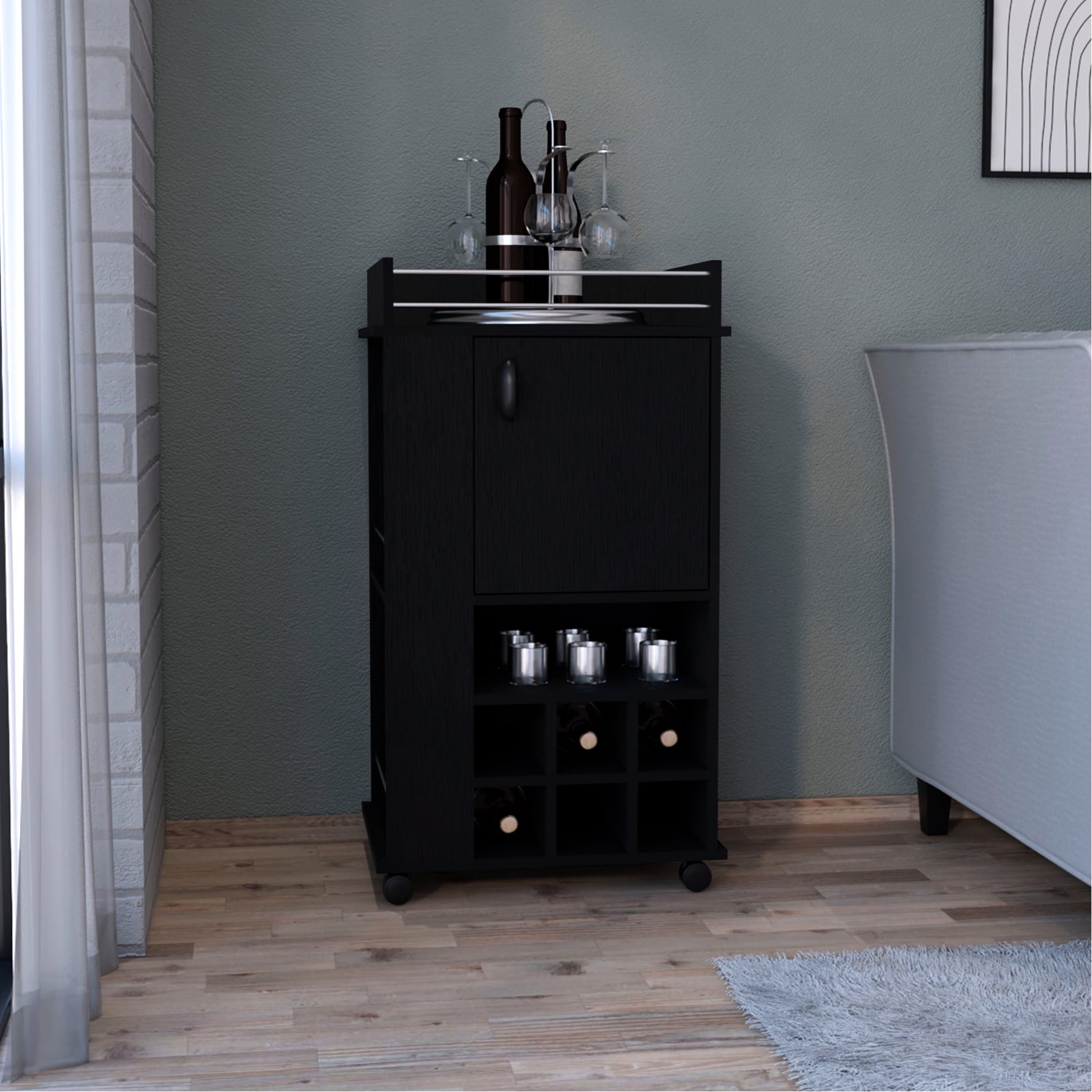 Bar Cart With 6 Wine Rack And , Black. Effortless Assembly Interlocking ...