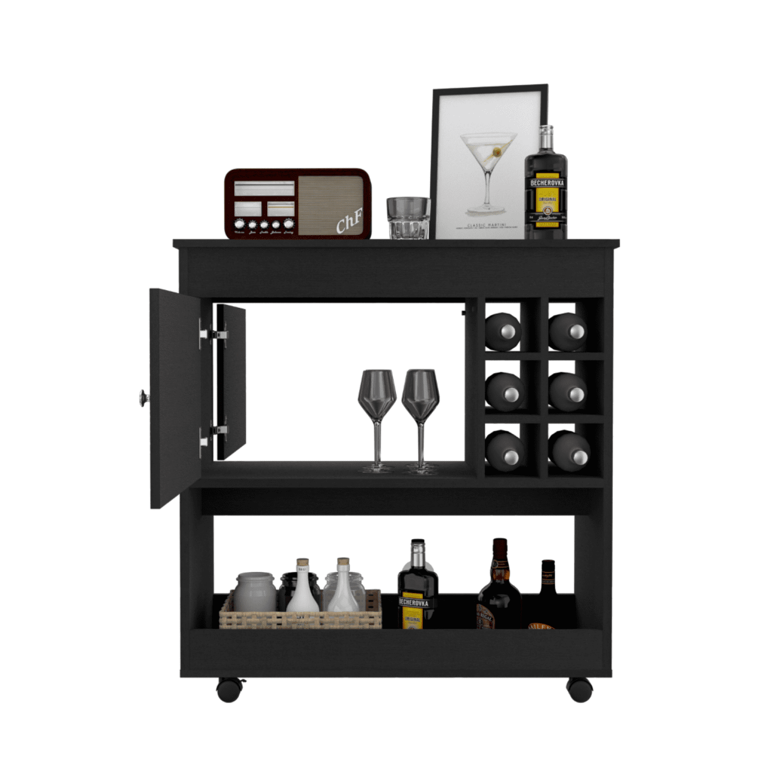 Bar Cart Aloha, Lower Panel, Six Bottle Cubbies, One Cabinet, Black ...
