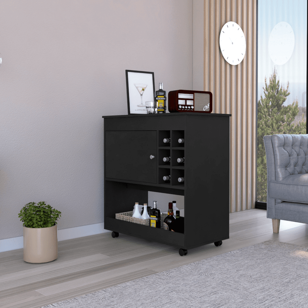 Bar Cart Aloha, Lower Panel, Six Bottle Cubbies, One Cabinet, Black ...