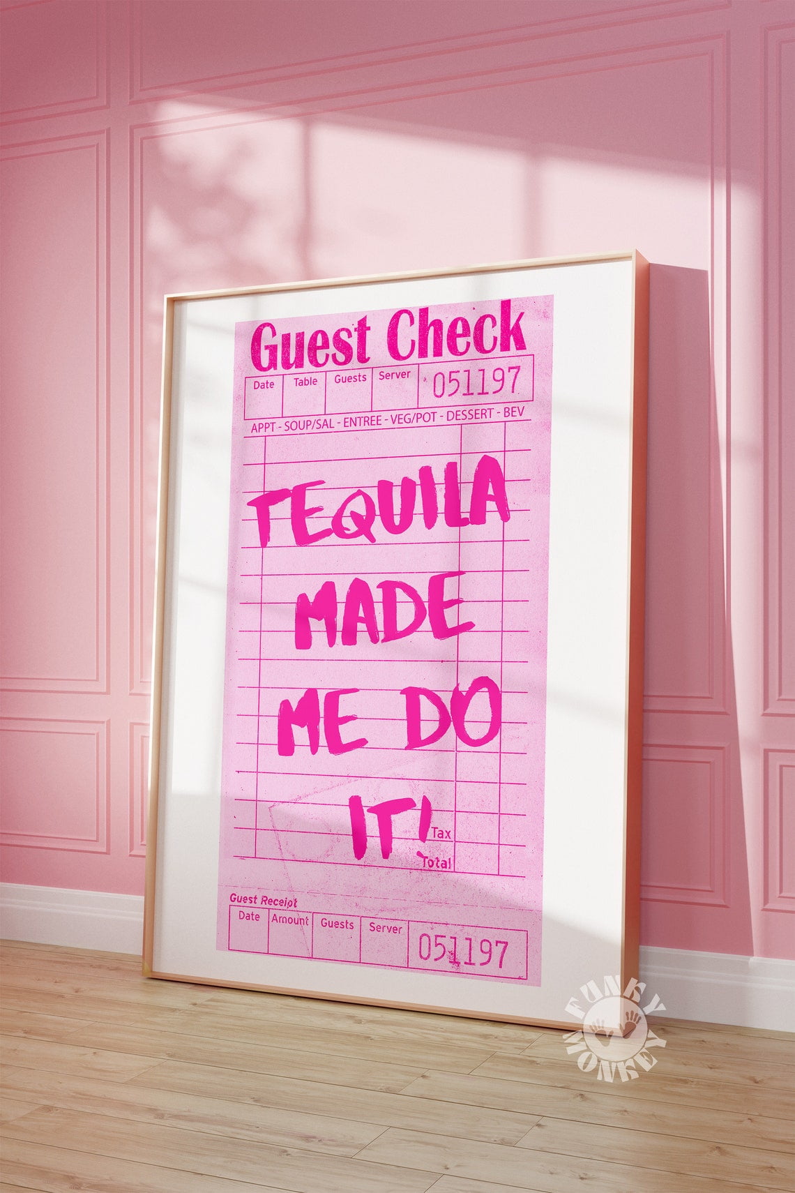 Bar Cart Art Print, Pink Retro Guest Check Poster, Tequila Made Me Do It Trendy Wall Art, Girly ...