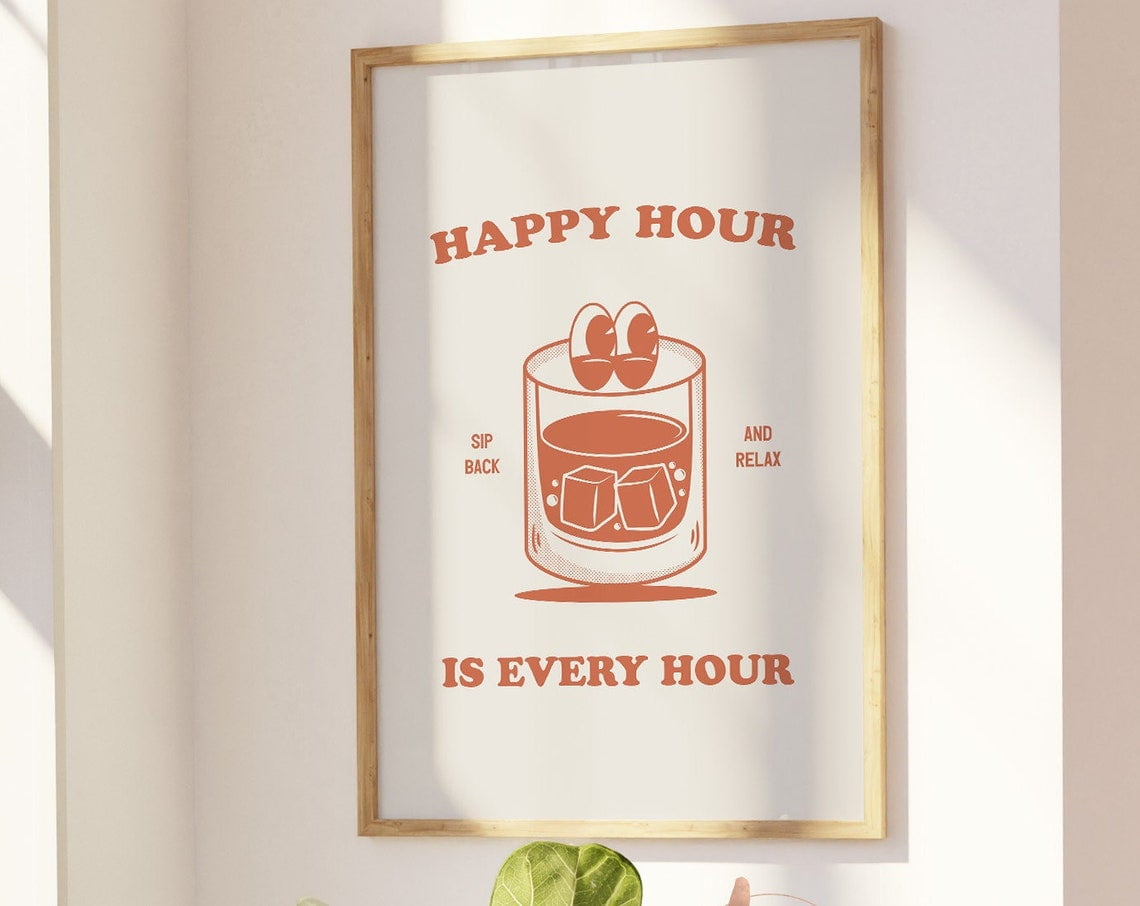 Bar Cart Art Print, Retro Happy Hour Poster, 70'S Character Art, Retro ...