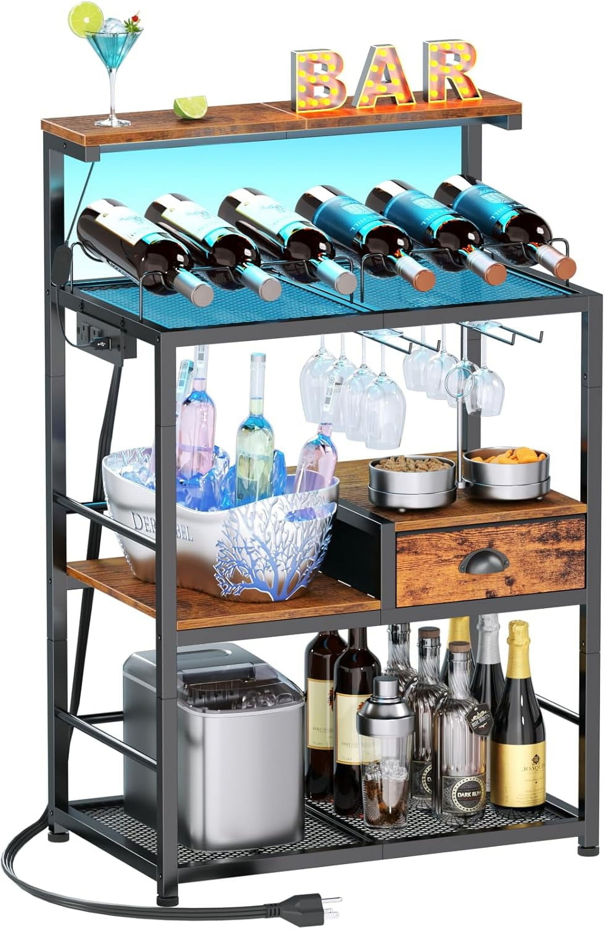 Bar Cart, Bar Cabinet with Power Outlet & LED Lights, 4-Tier ...