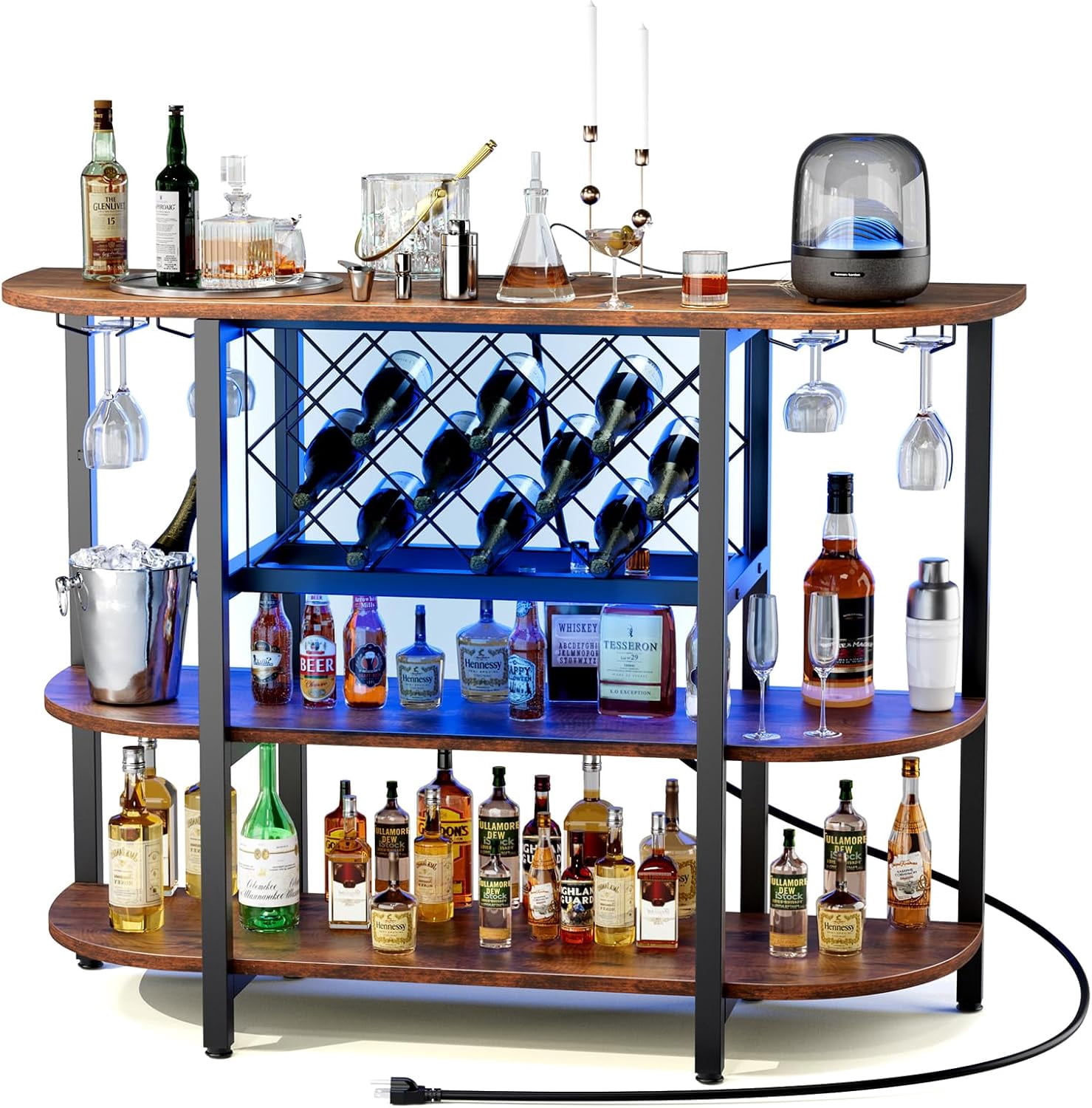 Bar Cart with Charging Station, LED Home Bar Cabinet with Storage ...