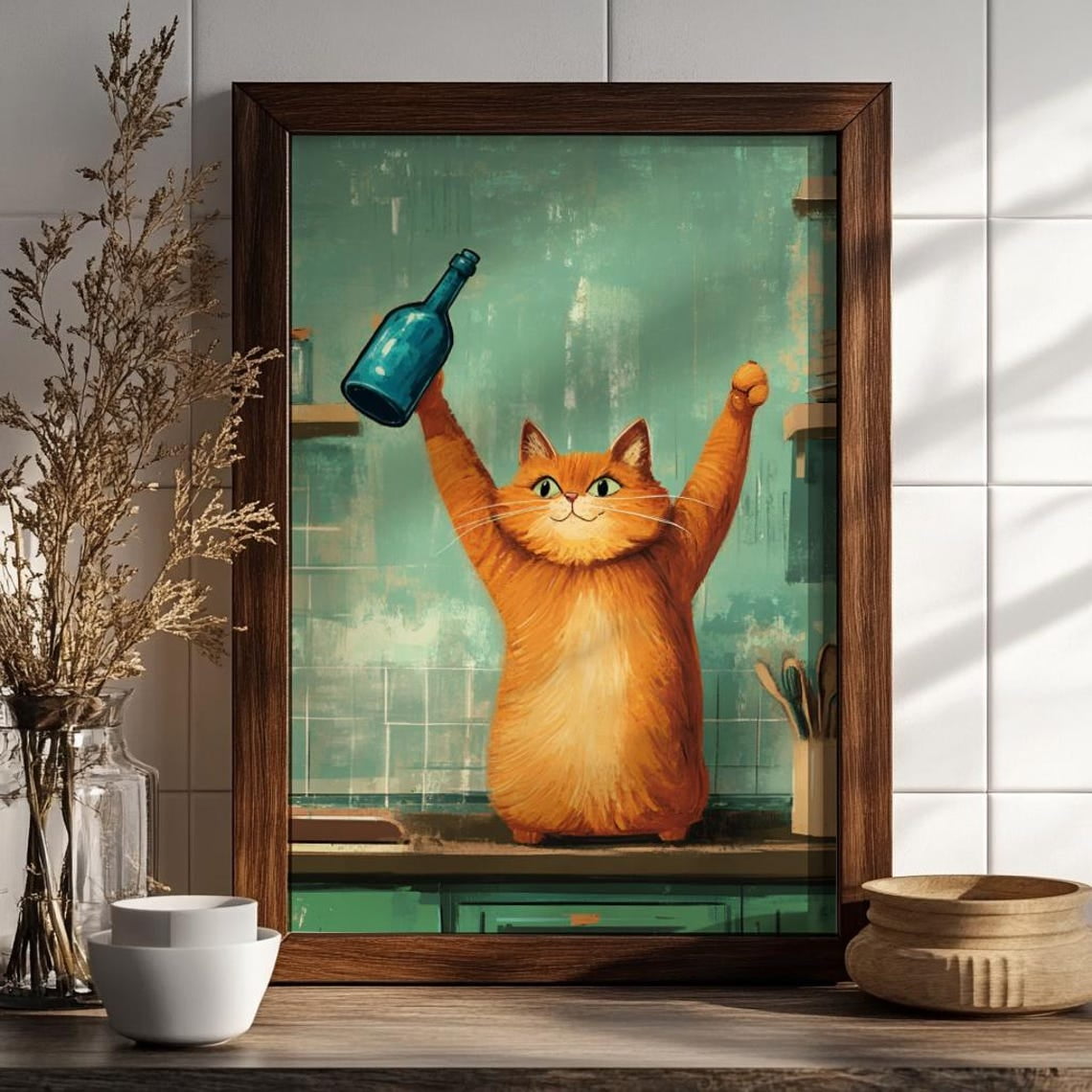 Bar Cart Decor, Funny Cat Poster, Wine Print, Retro Kitchen Decor, Mid ...