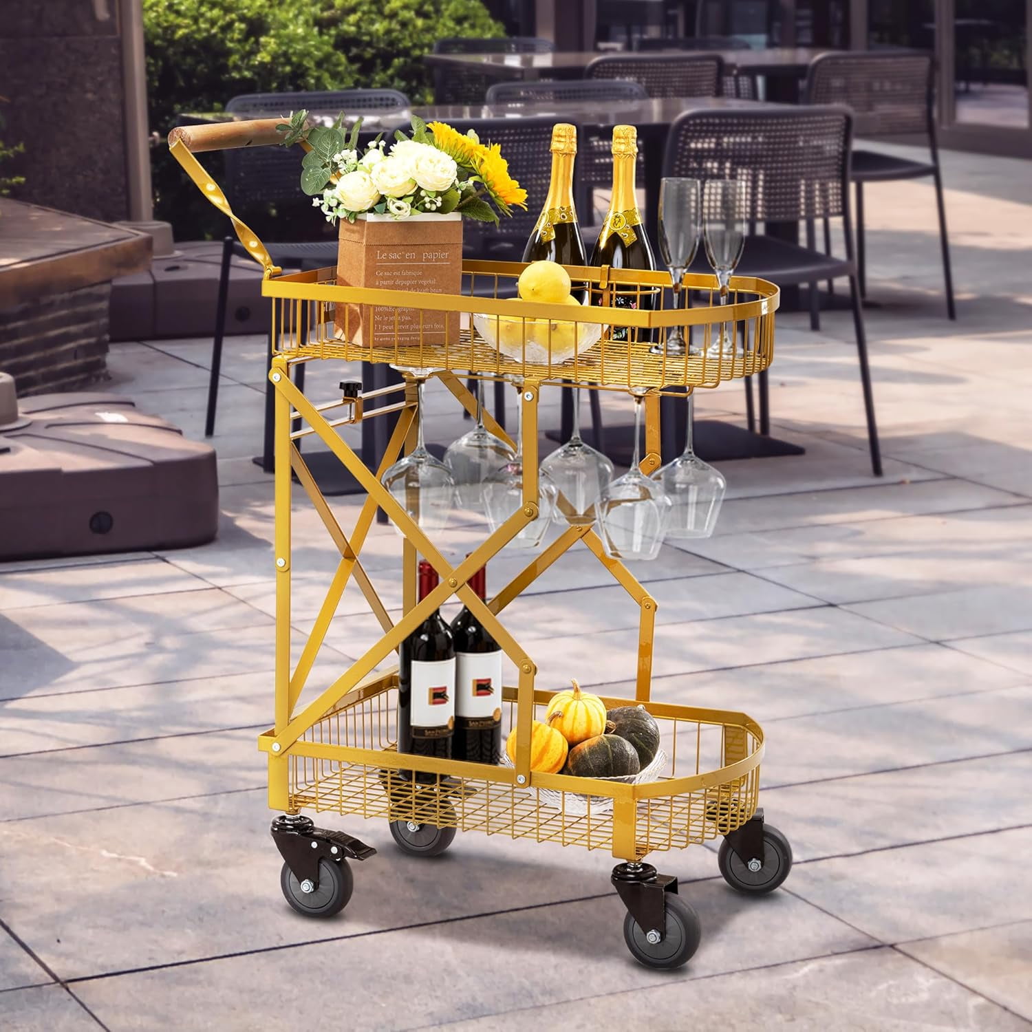 Bar Cart, Foldable Bar Cart with Wheels, Gold Bar Cart with Glass ...