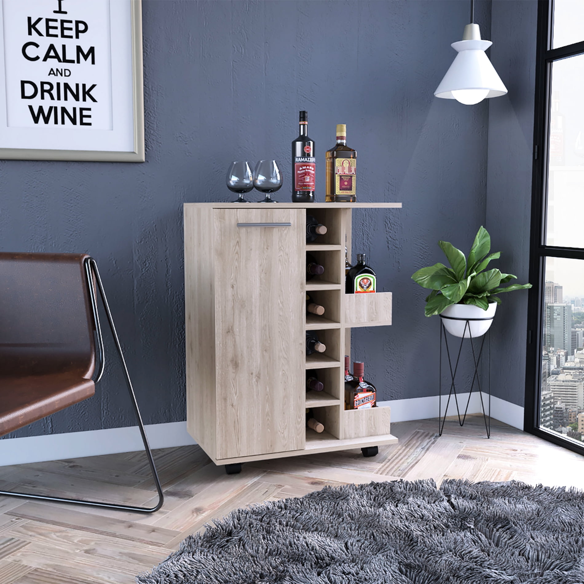 Bar Cart With Four And Single Door Closet In Gray, Two External Shelves ...