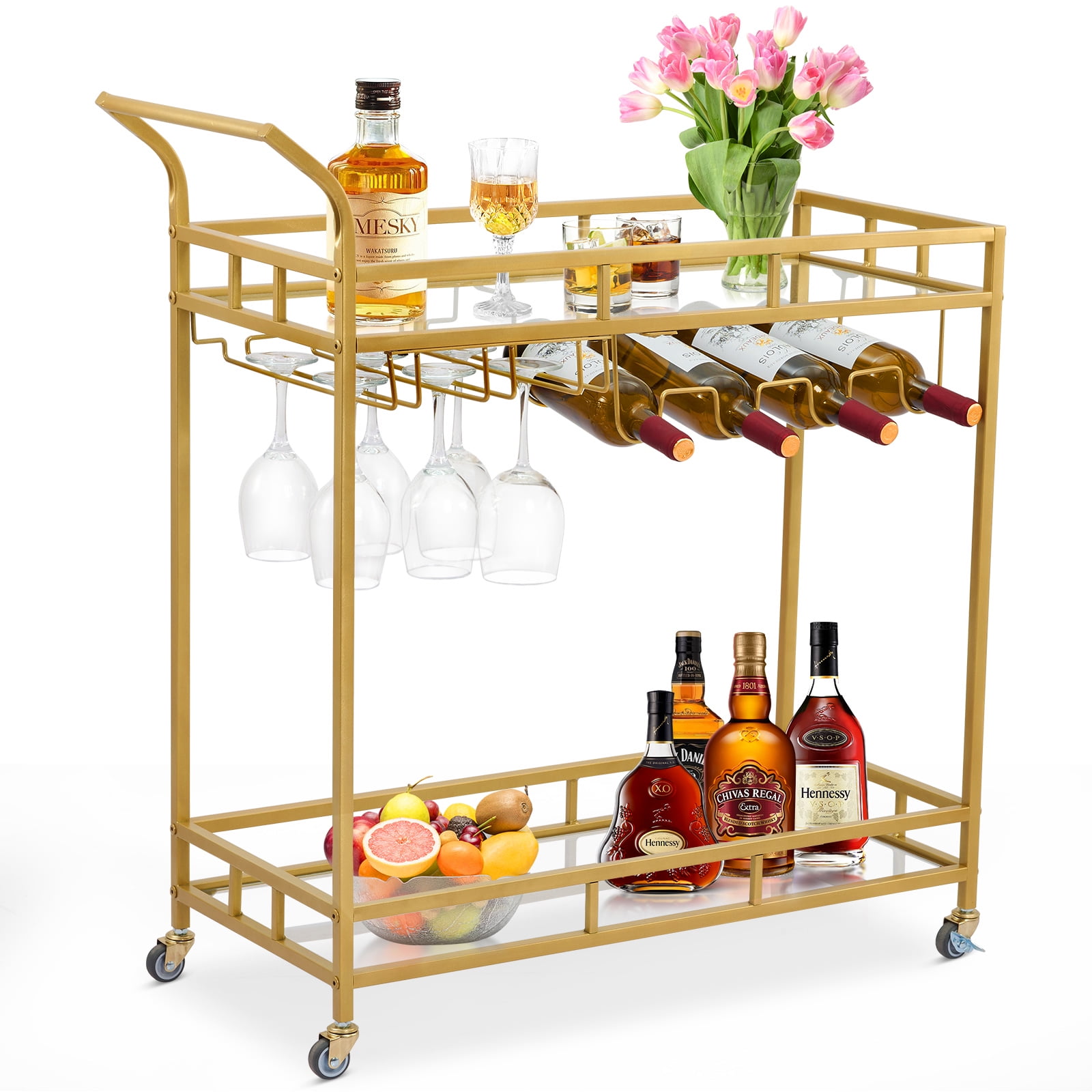 Bar Cart Gold, 2 Tiers Home Bar Serving Cart on Lockable Wheels ...