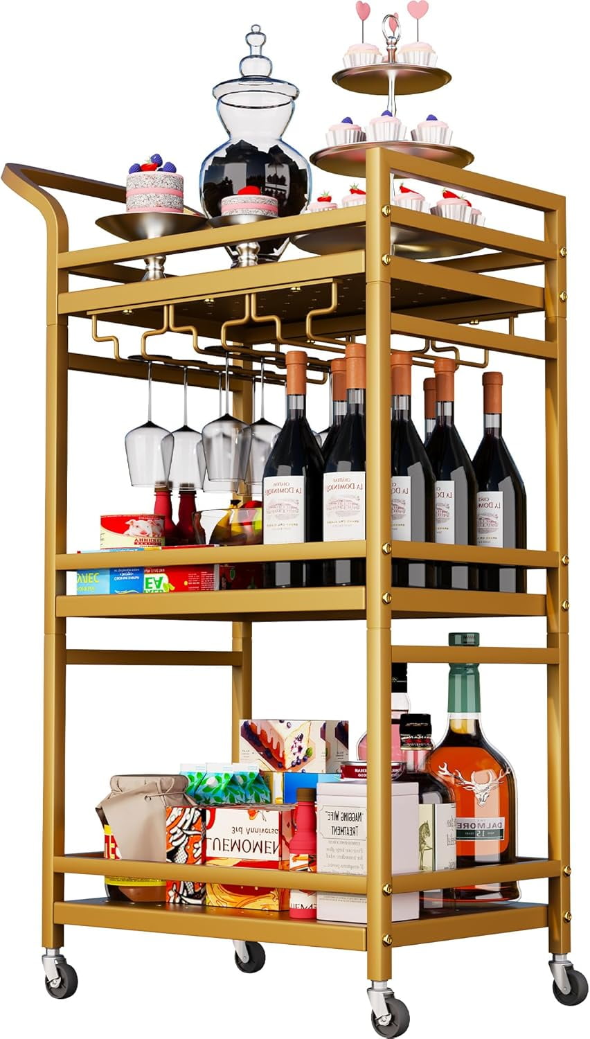 Bar Cart,Gold Bar Cart,Home Bar Serving Carts,3-Tier Alcohol cart,Gold ...