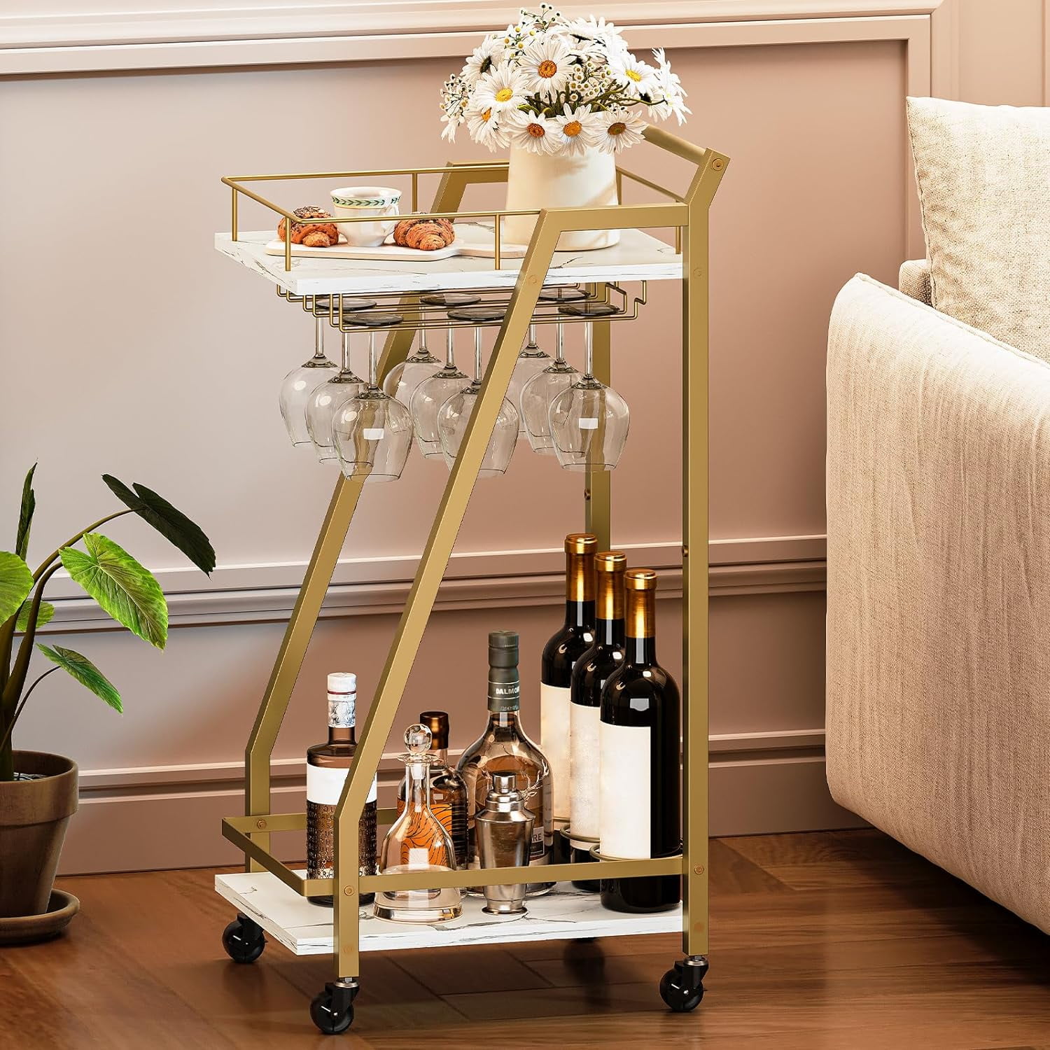Bar Cart Gold, Home Bar Serving Cart, Kitchen Cart, Rolling Beverage ...