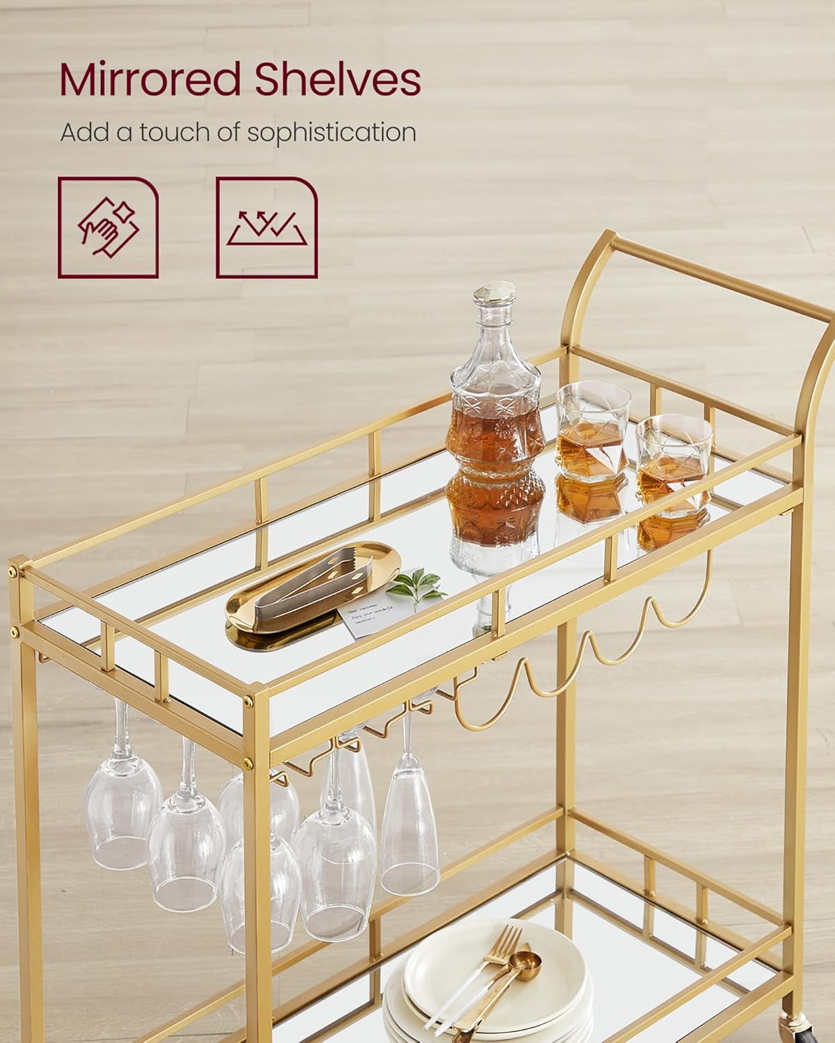 Bar Cart Gold, Home Bar Serving Cart, Wine Cart with 2 Mirrored Shelves ...