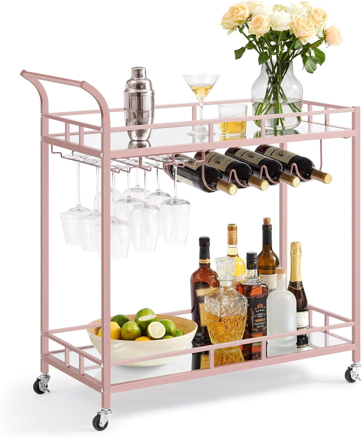 Bar Cart Gold, Home Bar Serving Cart, Wine Cart with 2 Mirrored Shelves ...