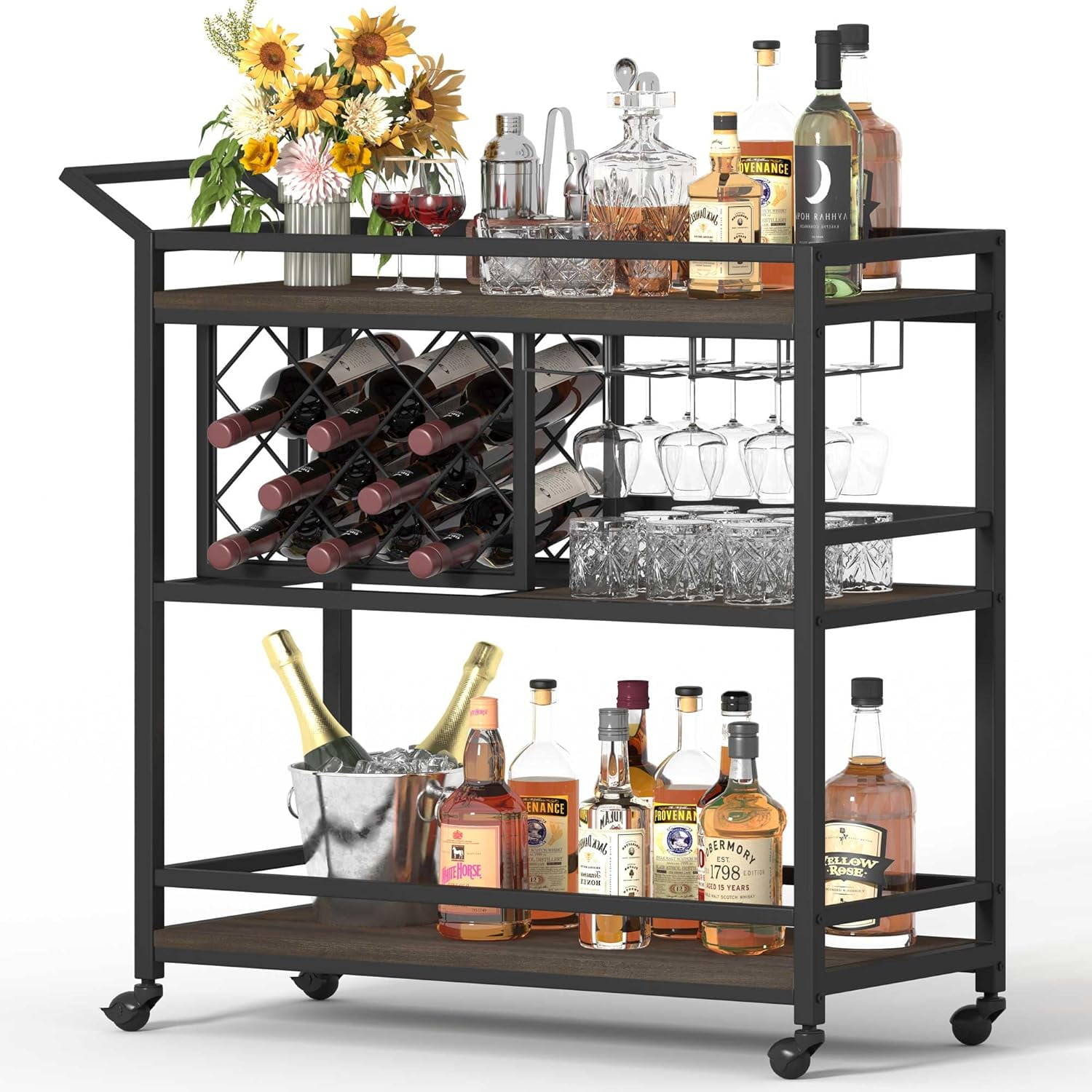 Bar Cart Gold Home Bar Serving Cart with Wine Rack and Glasses Holder ...