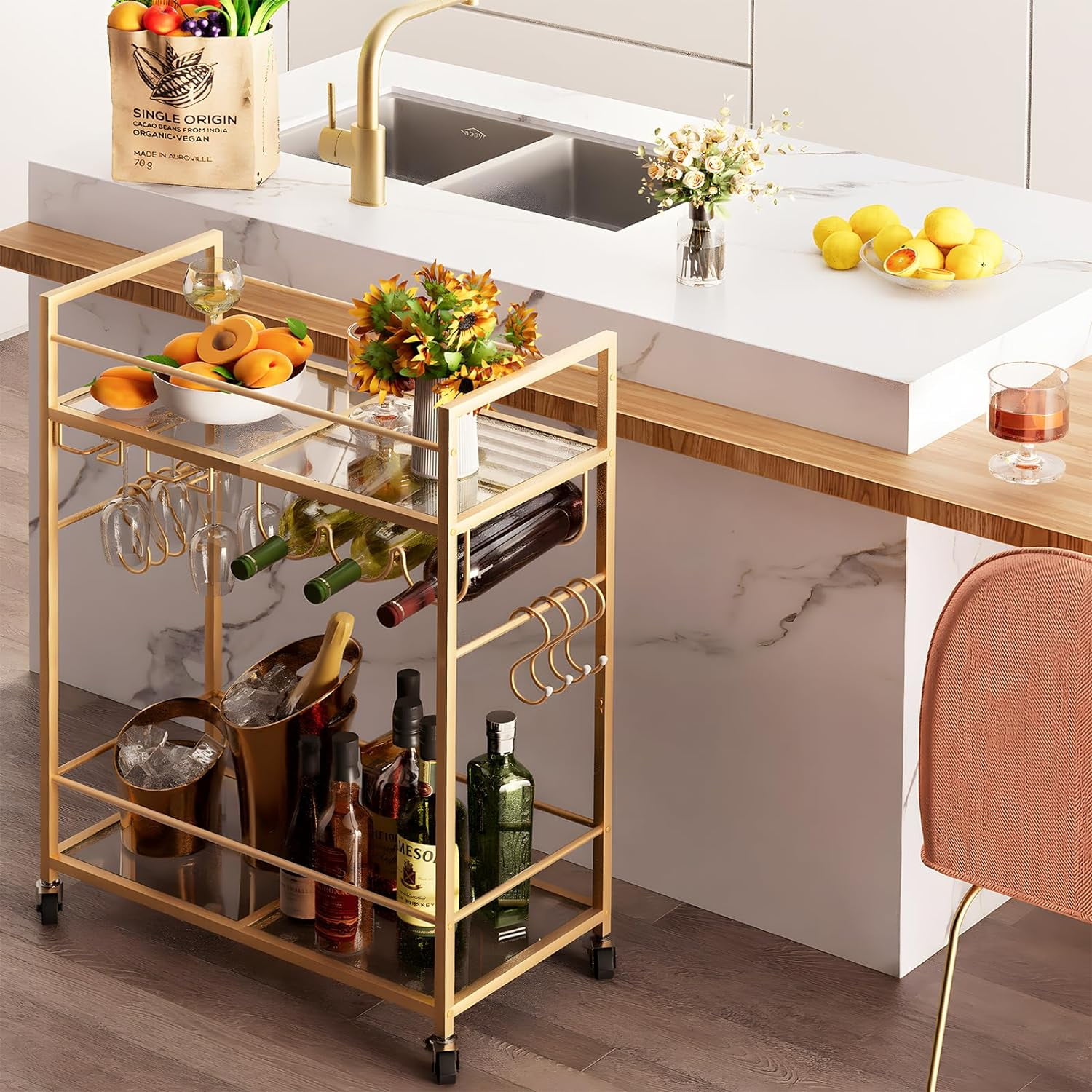 Gold Home Bar Cart, 2-Tier Metal Wine Cart with Rack and Glass Holder ...