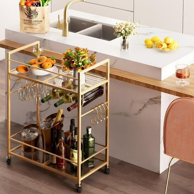 Gold Home Bar Cart, 2-Tier Metal Wine Cart with Rack and Glass Holder ...