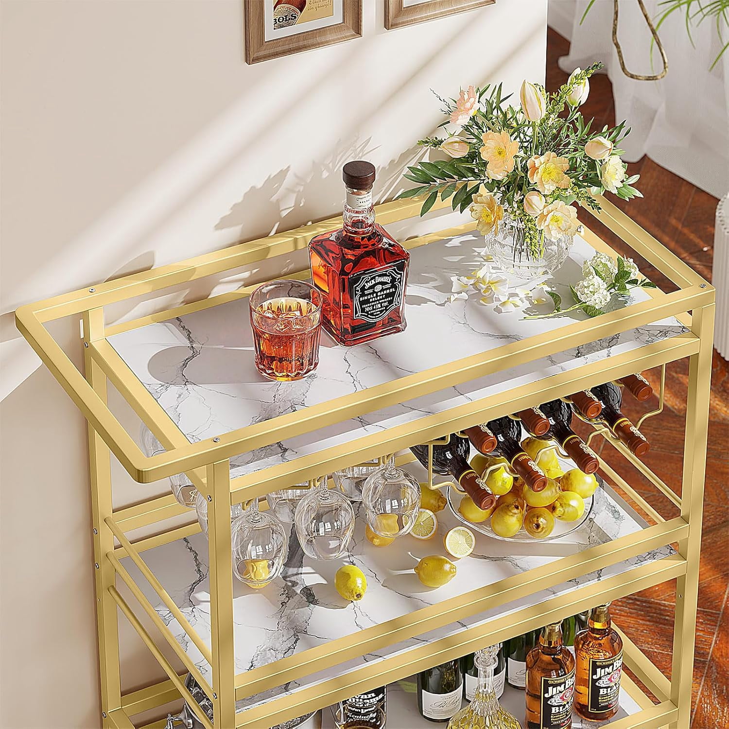 Bar Cart for Home, 3 Tier Gold Serving Rolling Carts with Wheels, Drink ...