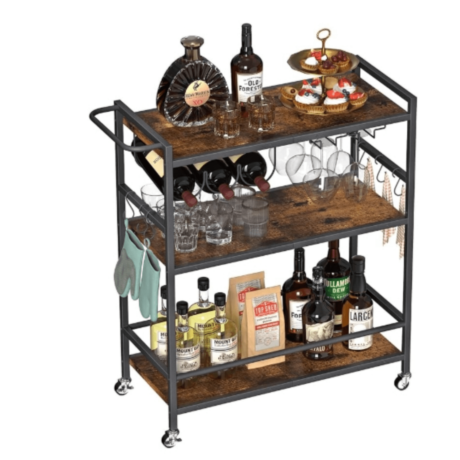 Bar Cart for The Home, 3-Tier Serving Carts with Lockable Wheels, Glass ...