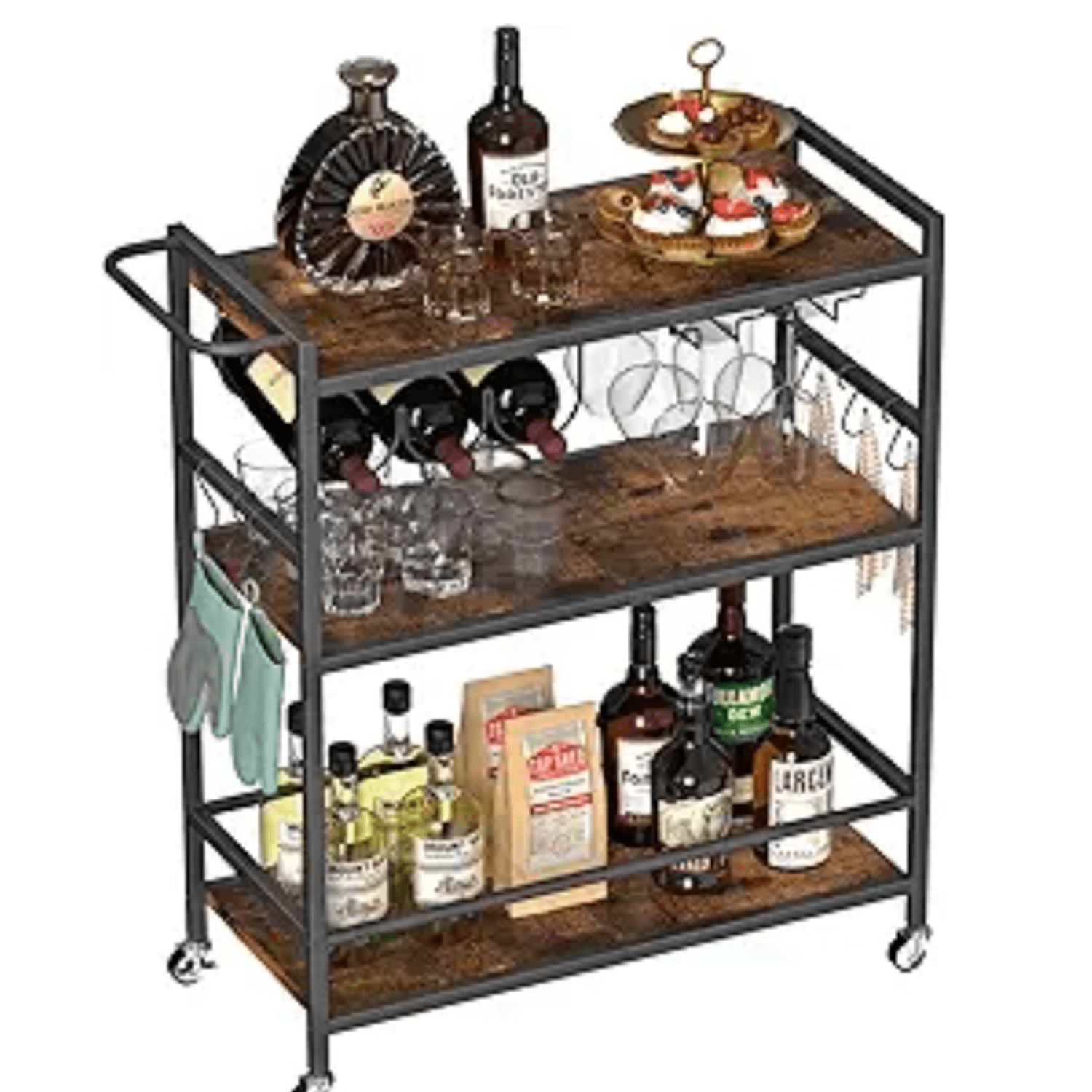 Bar Cart for The Home, 3-Tier Serving Carts with Lockable Wheels, Glass ...