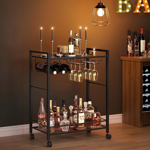 Bar Cart, Home Bar Serving Cart with 2-Tier Shelf,Rolling Beverage Cart ...