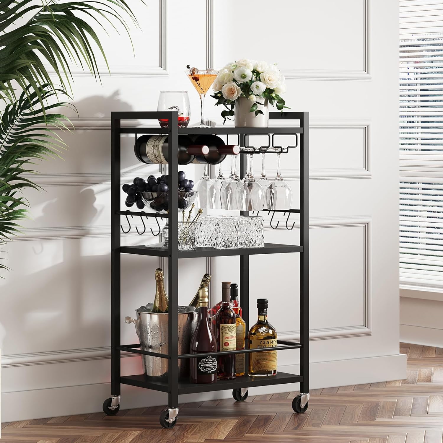 Bar Cart, Home Bar Serving Cart with 3-Tier Shelf, Drink Cart with Wine ...