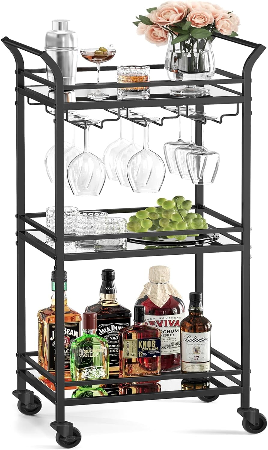 Bar Cart, Home Bar Serving Cart, Small Bar Cart with 3-Tier Shelf, Wine ...