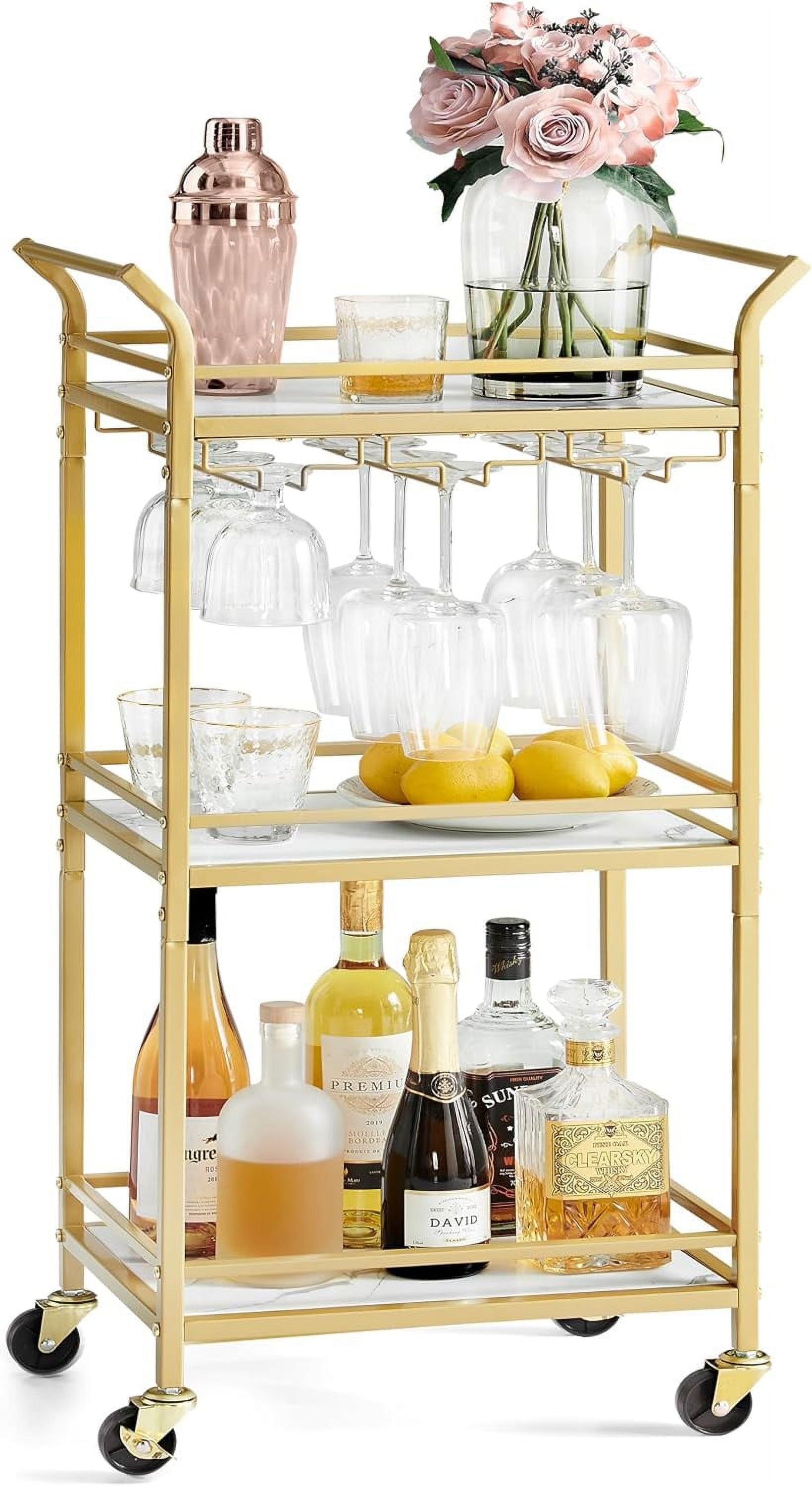 Bar Cart, Home Bar Serving Cart, Small Bar Cart with 3-Tier Shelf, Wine ...