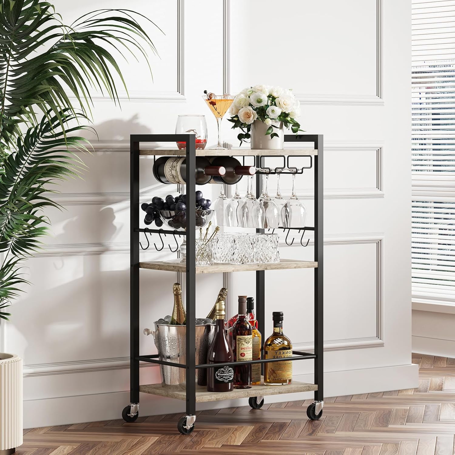 Bar Cart, Home Bar Serving Cart, Small Wine Cart with 3-Tier Shelf ...