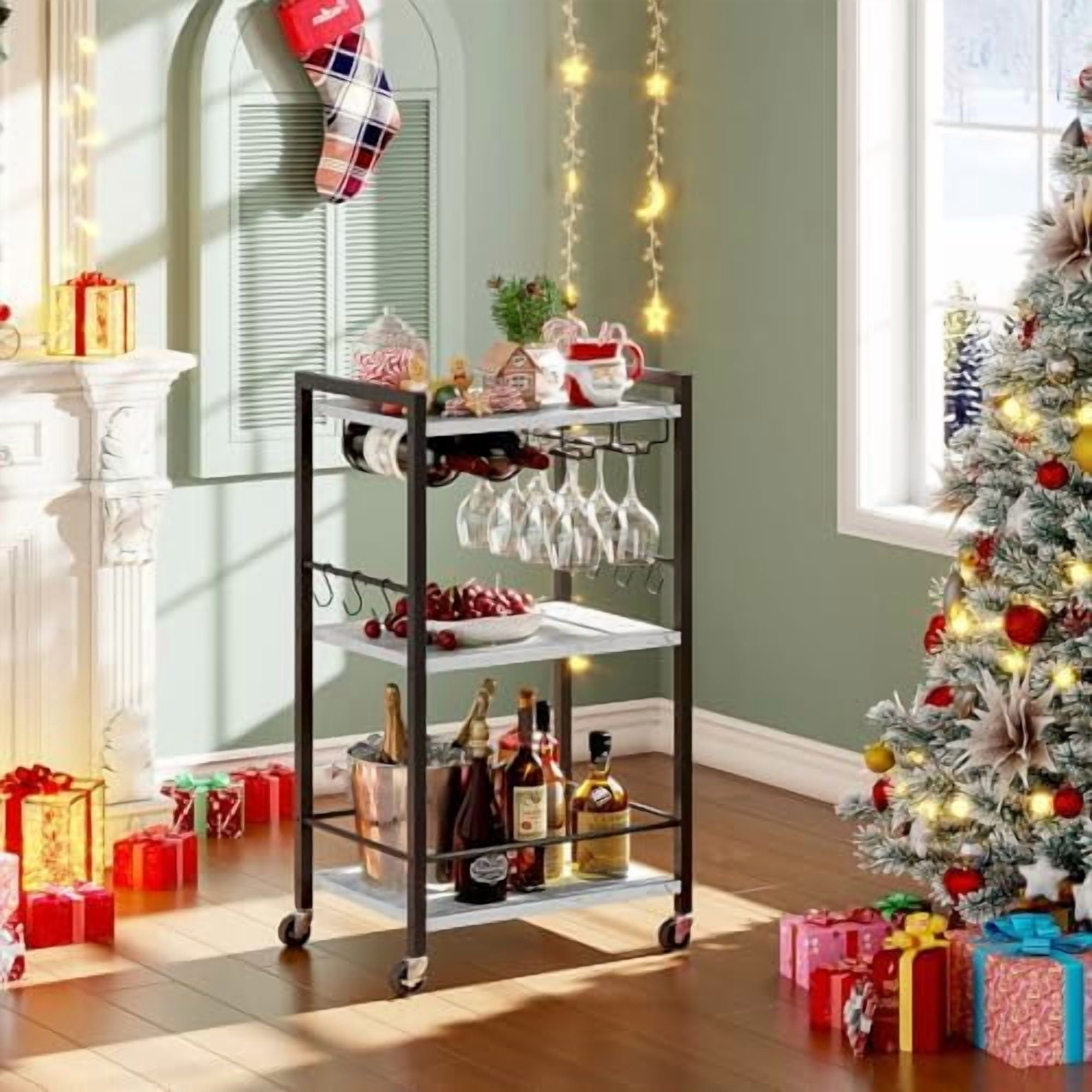 Bar Cart, Home Bar Serving Cart, Small Wine Cart with 3-Tier Shelf ...